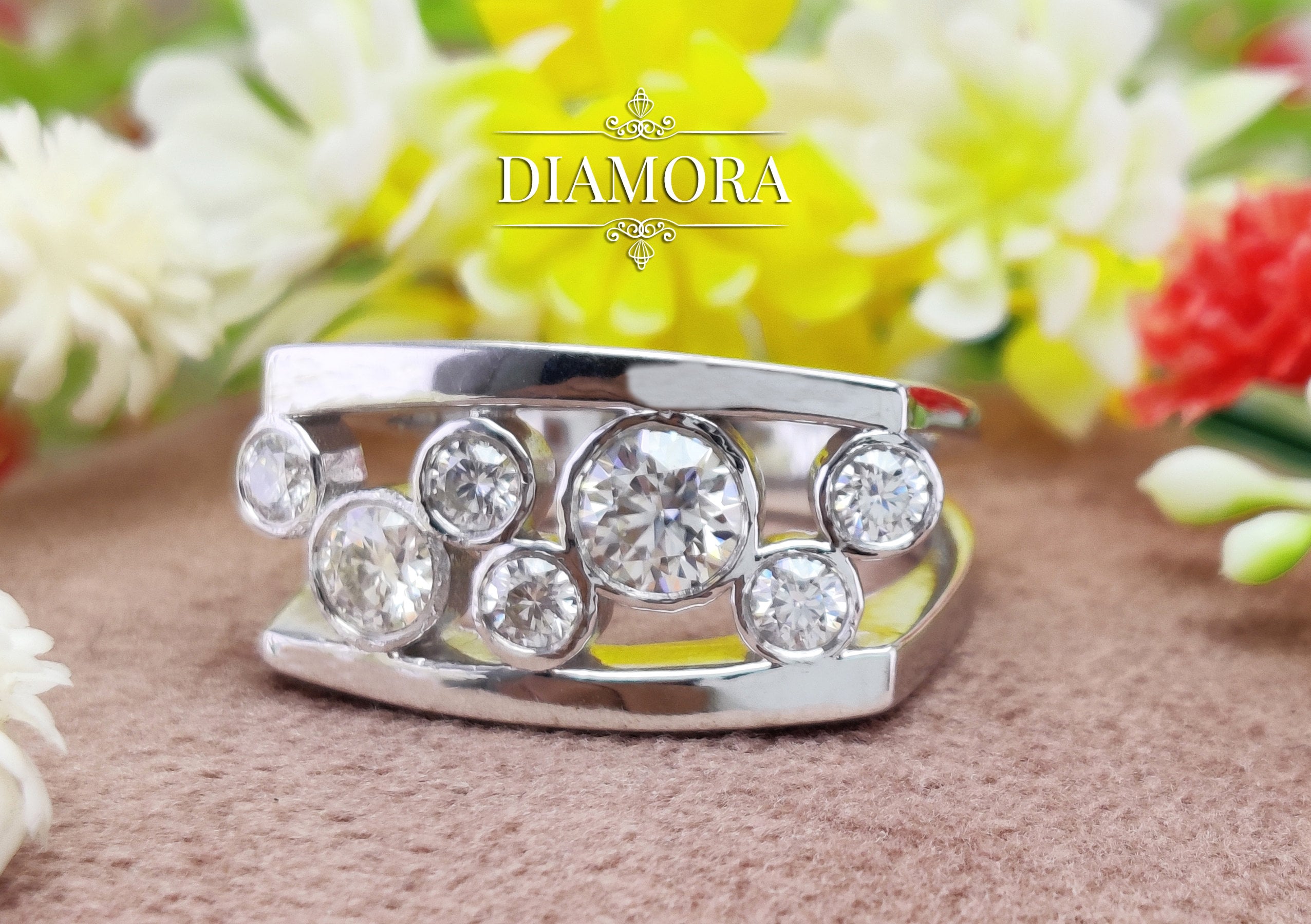 7 Stone Raindance Ring, Round Moissanite Bezel Set Engagement Ring, Two ...