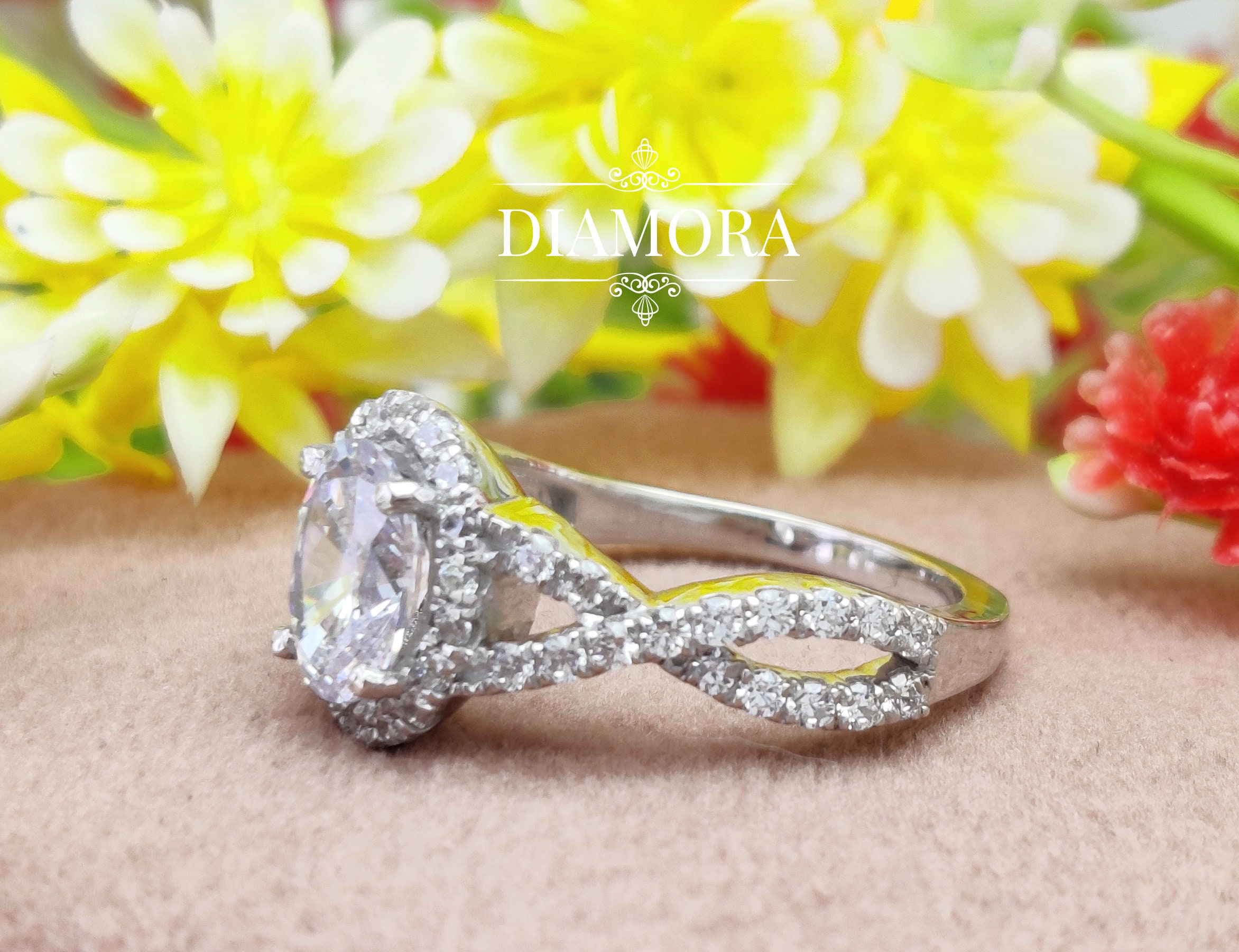 Oval Moissanite Halo Engagement Ring Sterling Silver Infinity Ring