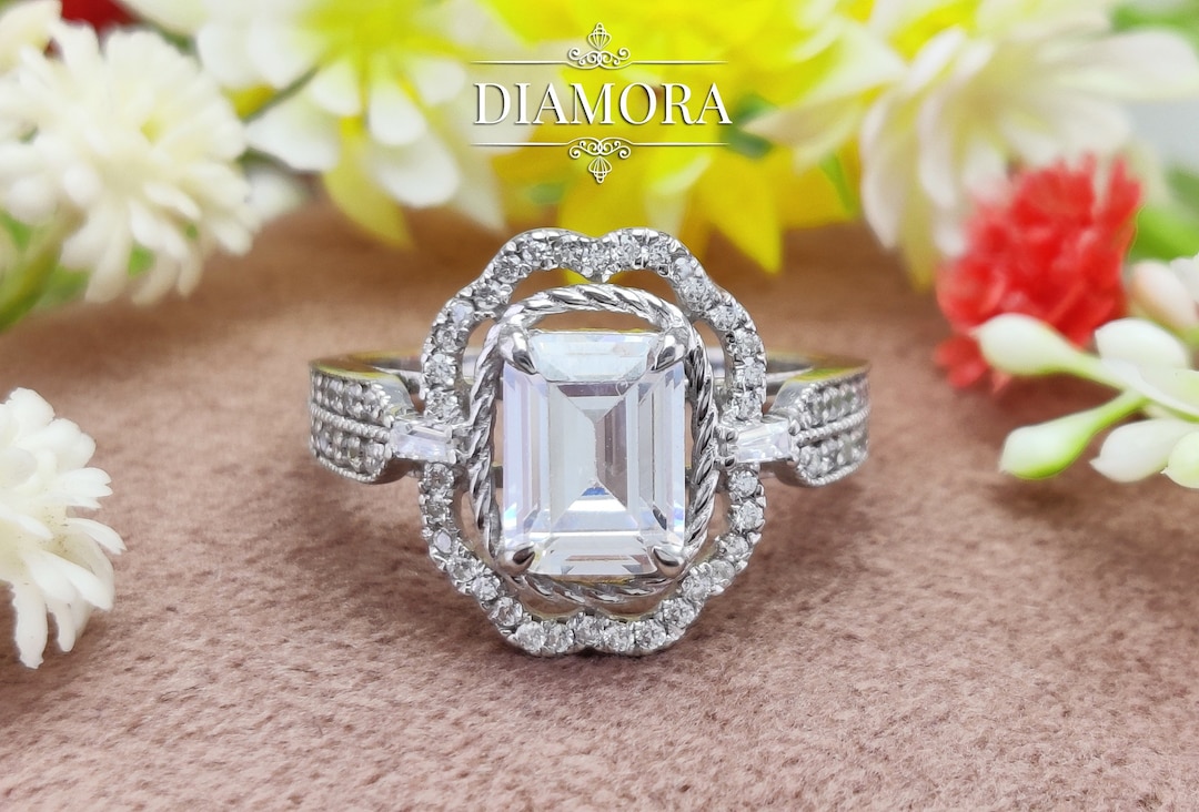 1930s Antique Emerald Cut Ring, Emerald Cut Moissante Halo Engagement ...