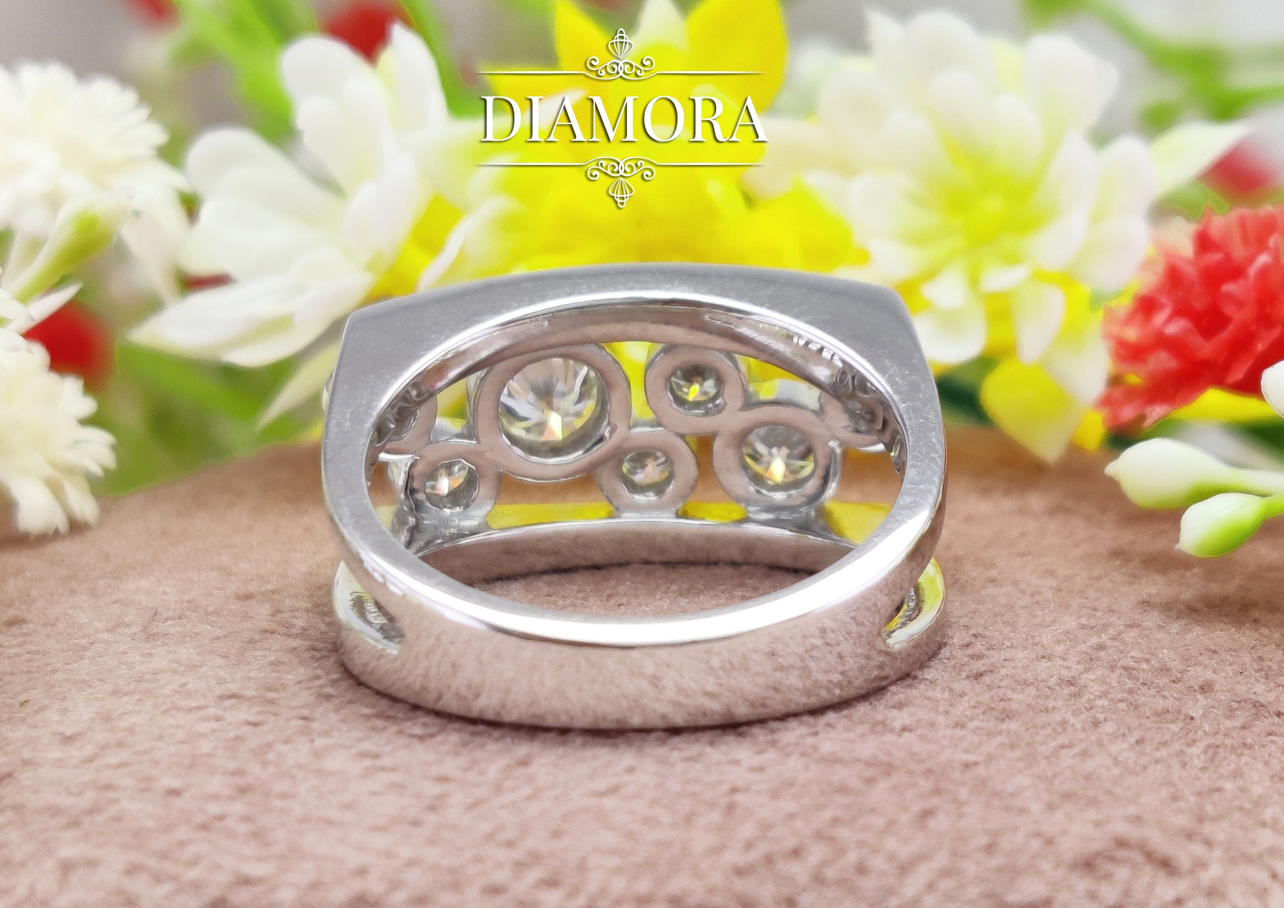 7 Stone Raindance Ring, Round Moissanite Bezel Set Engagement Ring, Two ...