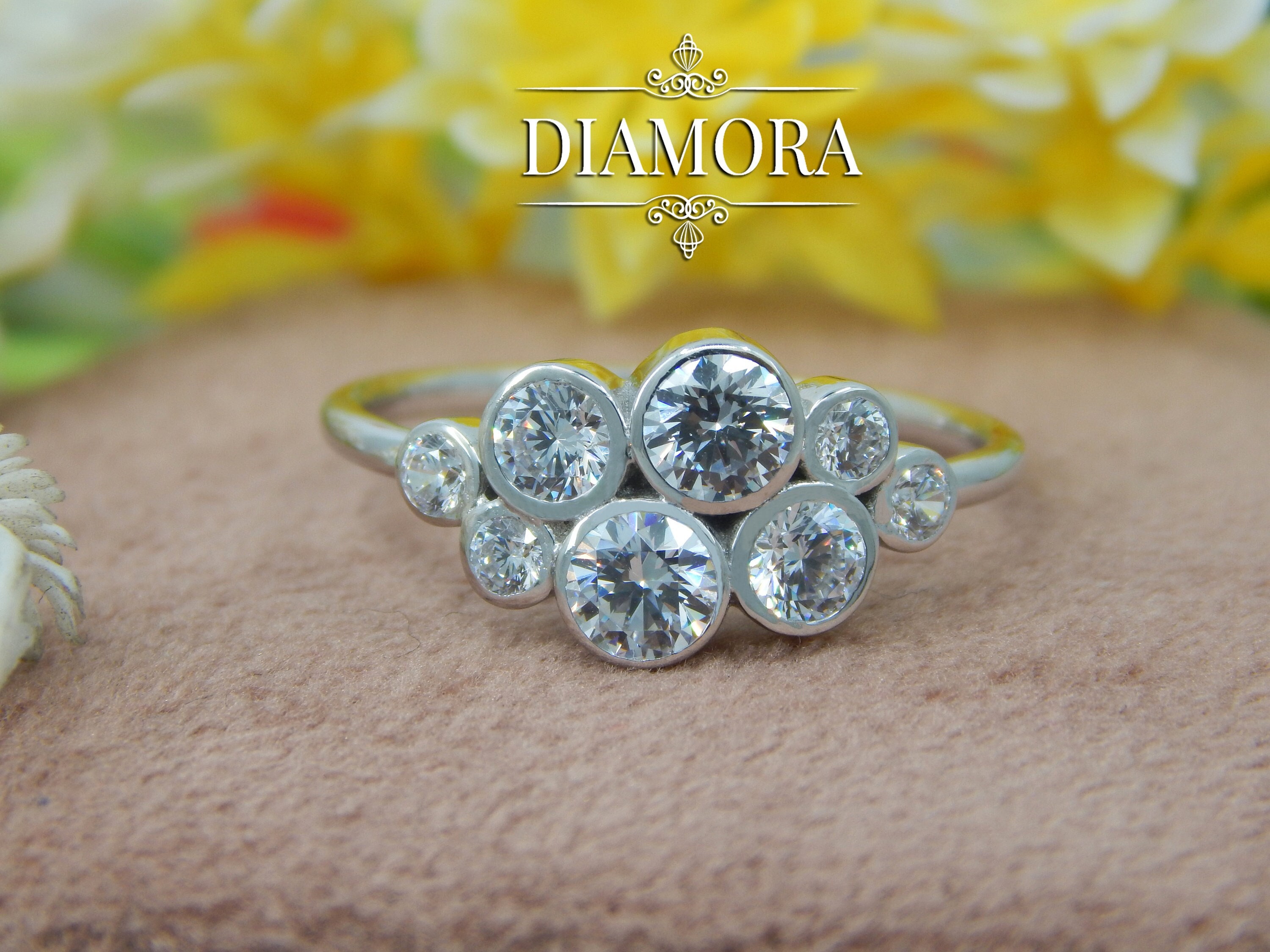 Round Moissanite Scatter Ring, Rain Dance Ring, 14K Gold Cluster Women ...