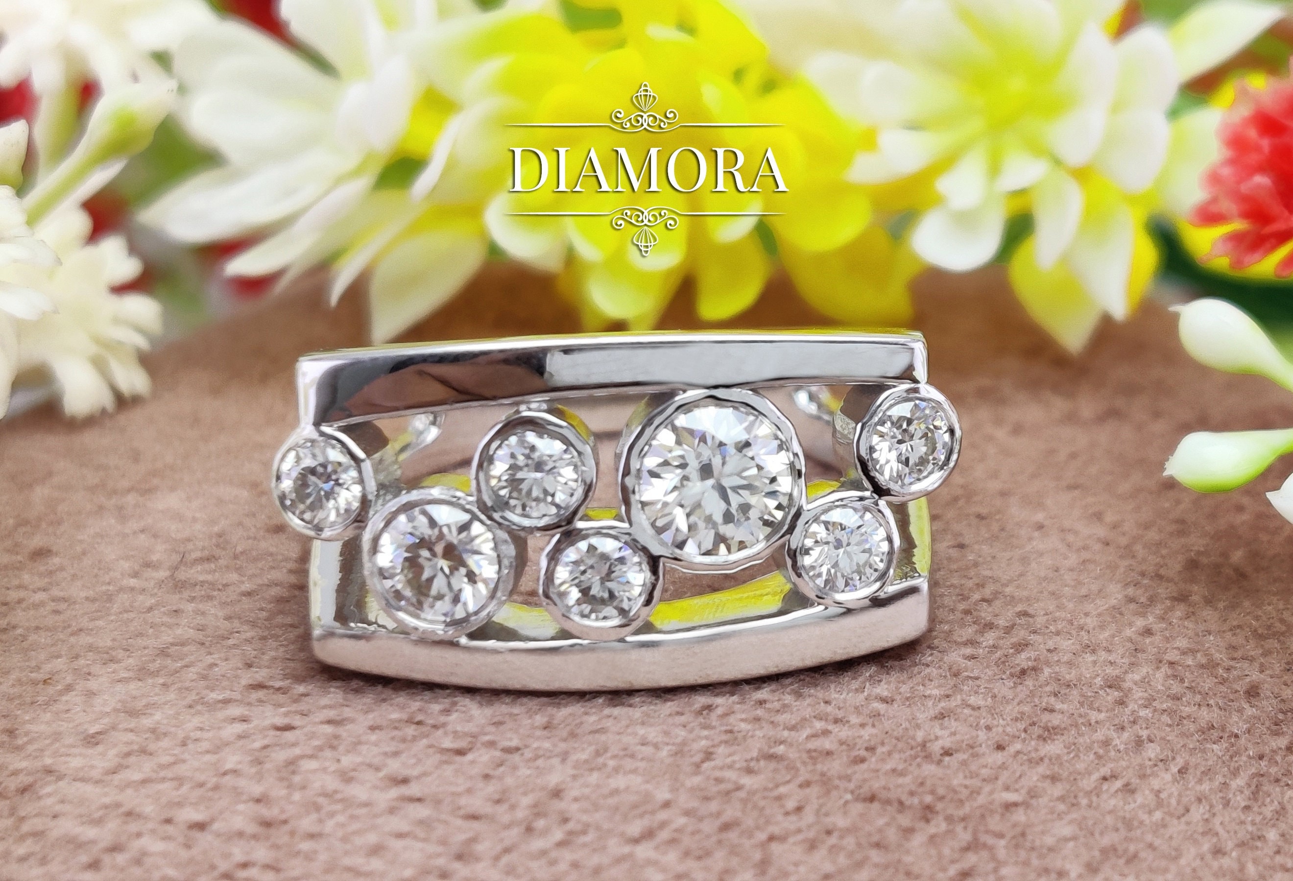 7 Stone Raindance Ring, Round Moissanite Bezel Set Engagement Ring, Two ...