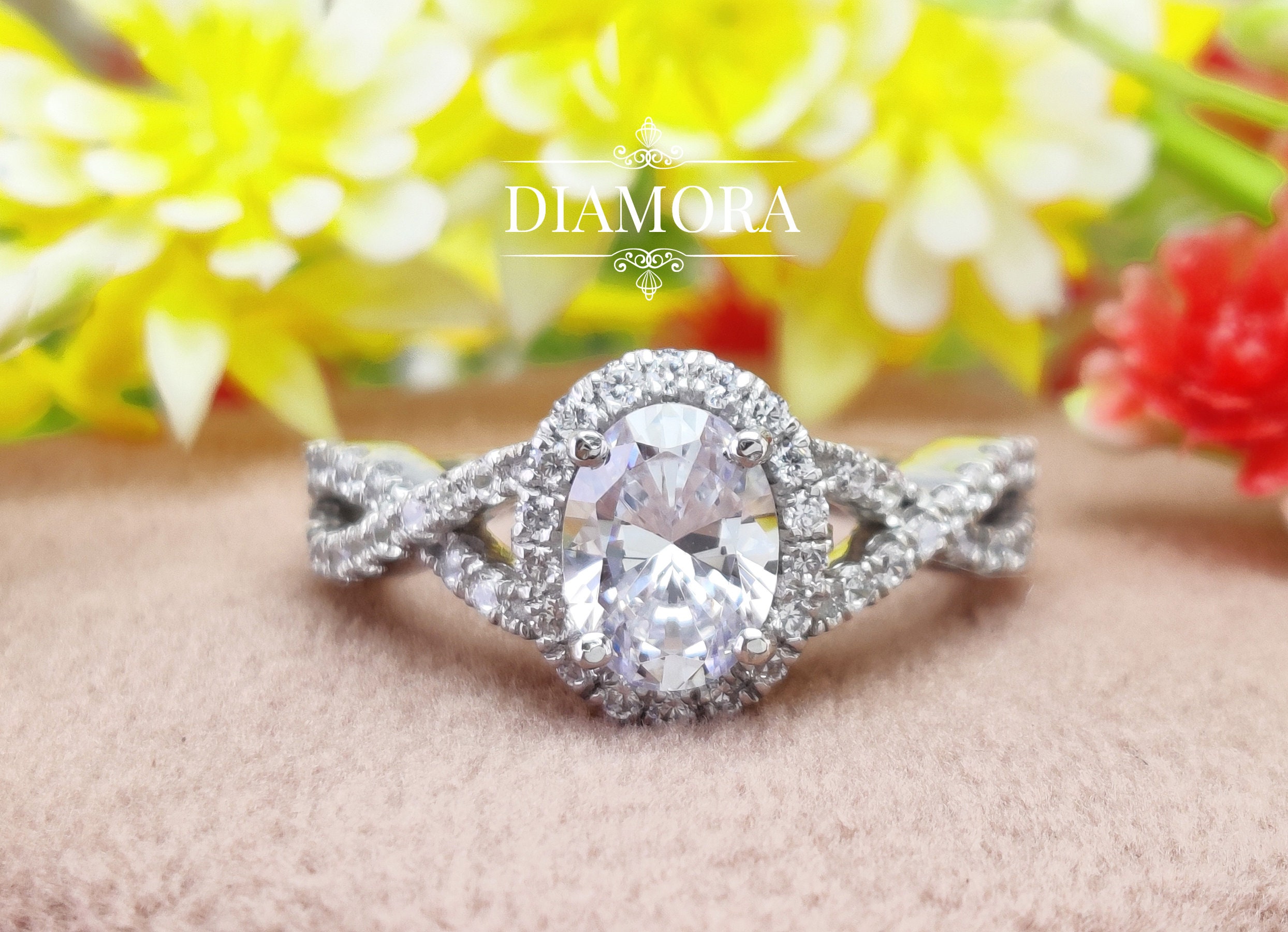 Oval Moissanite Halo Engagement Ring, Sterling Silver Infinity Ring ...