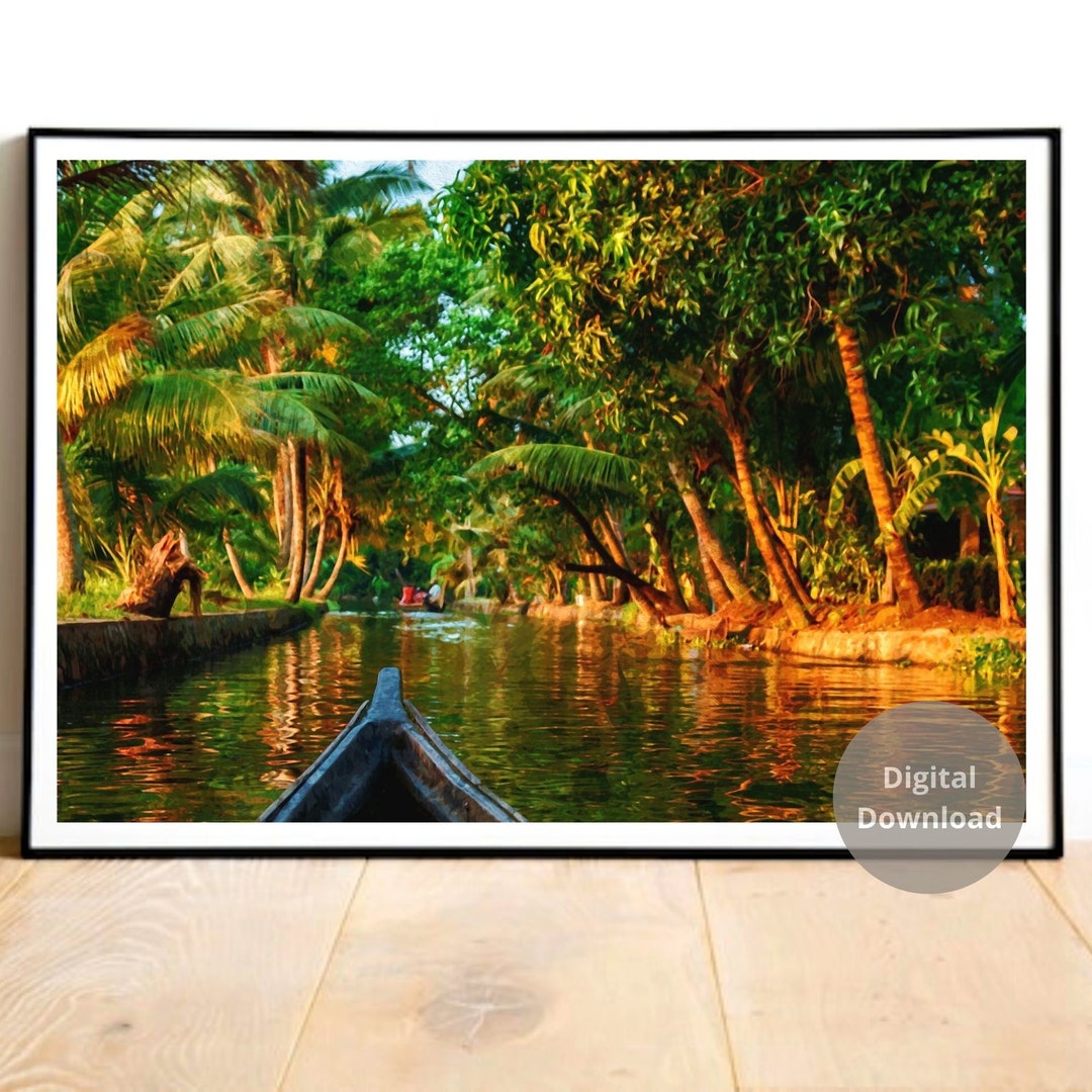 Kerala Backwaters Art Print – India Landscape Poster, Watercolor Style ...
