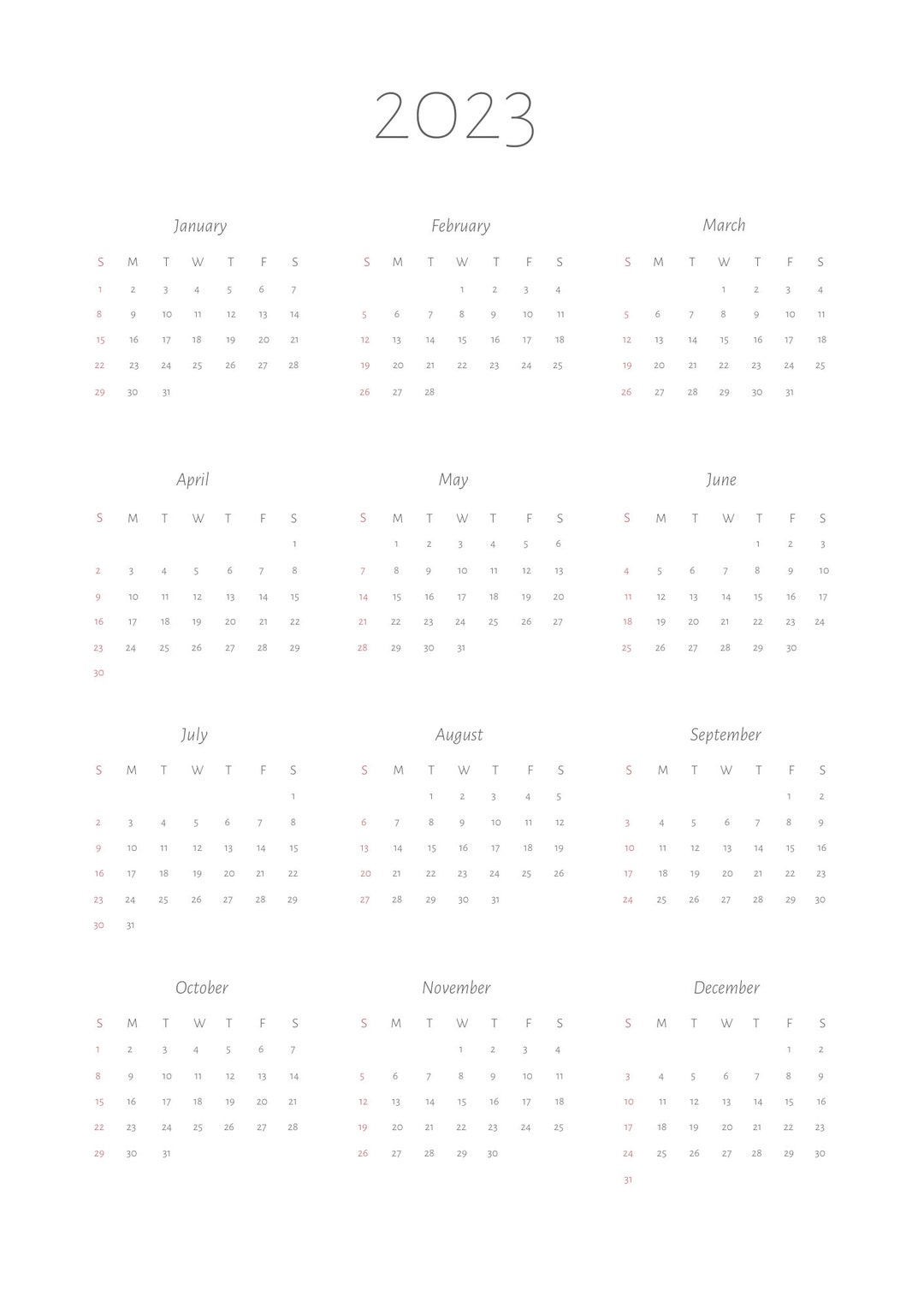 Simplistic 2023 Year & Month Calendar - Etsy