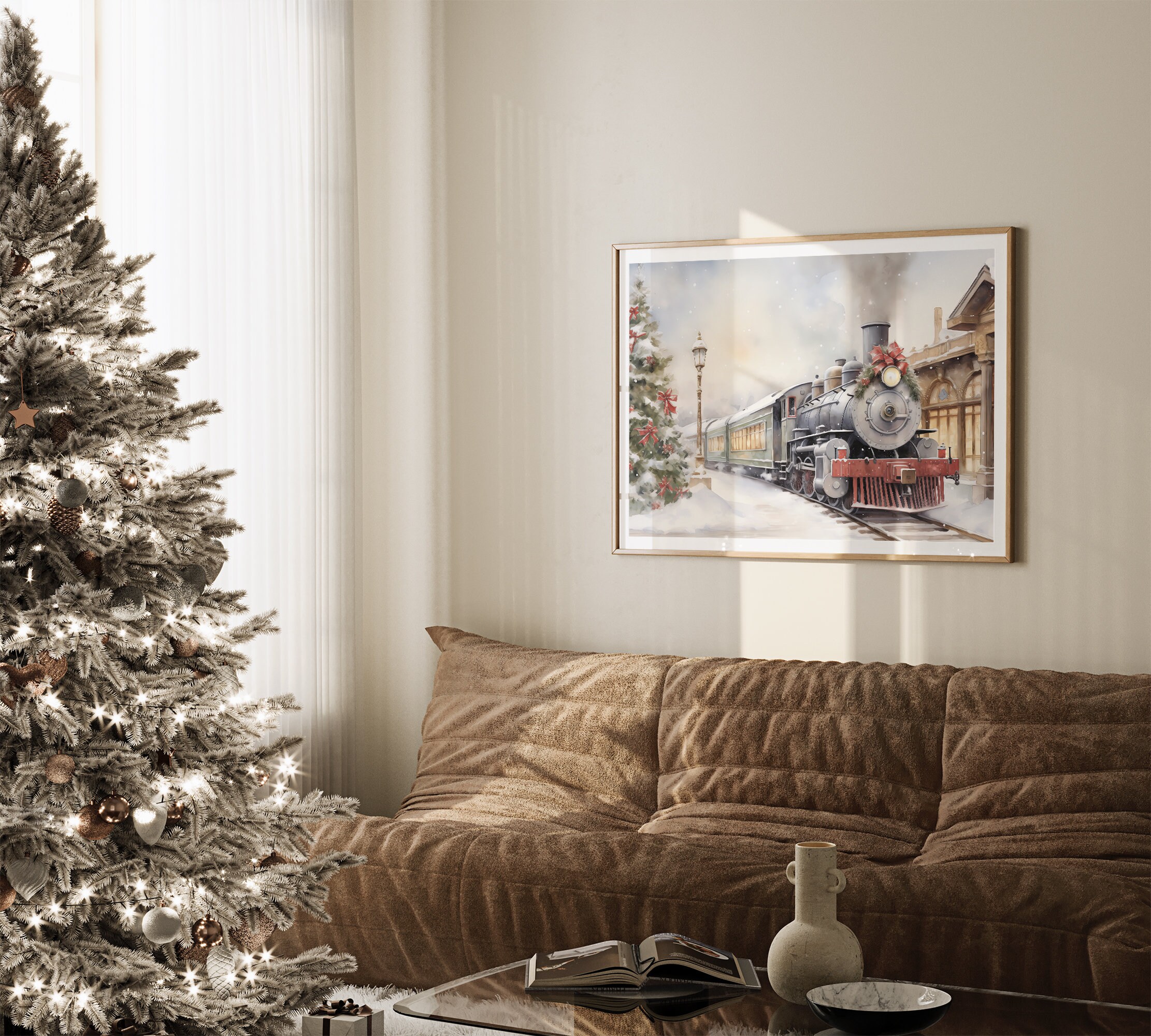 Vintage Christmas Train Depot Watercolor Art Digital Download, Antique ...