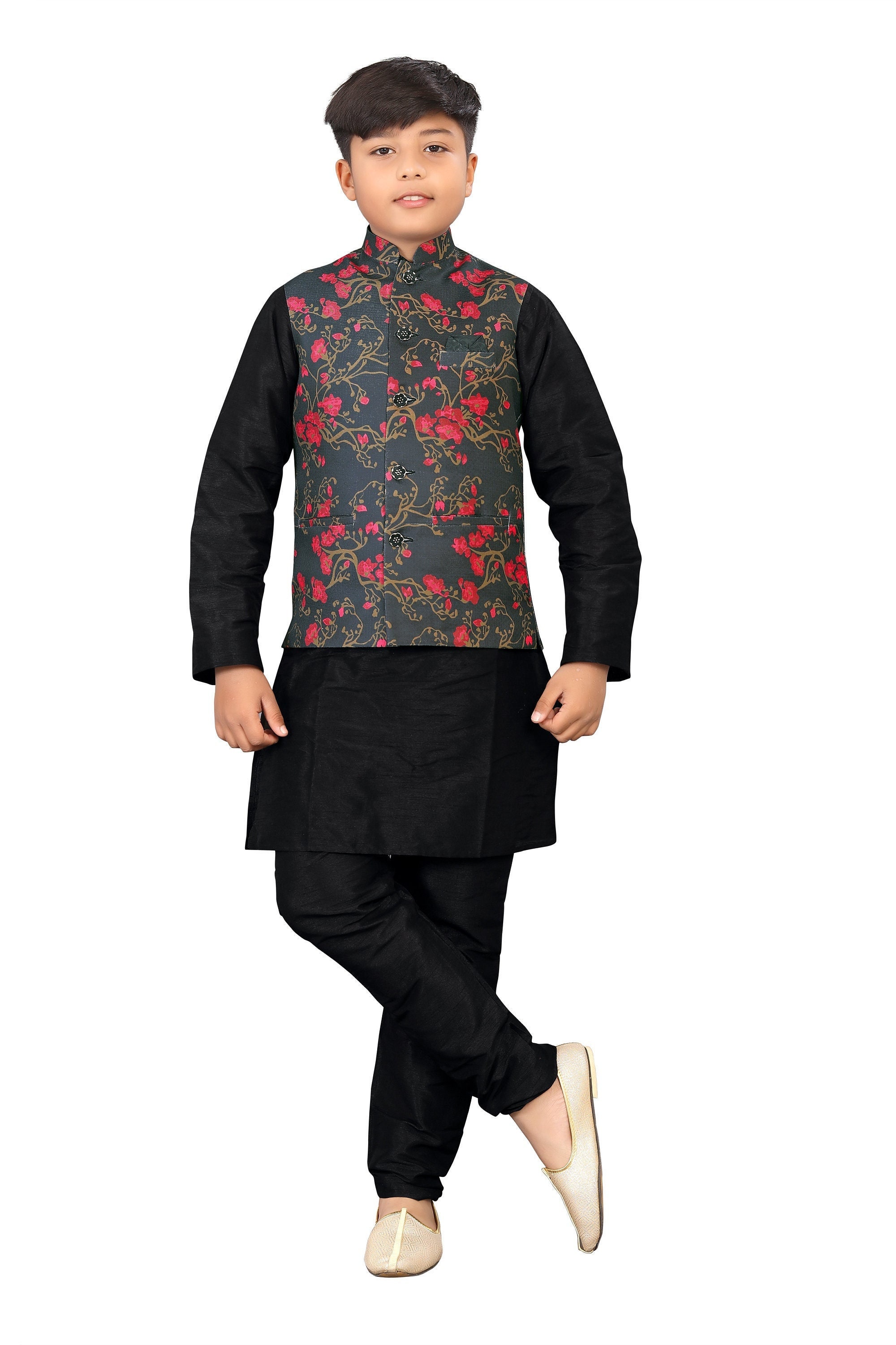Boys Indian Traditional Silk Kurta With Jute Printed Koti and Pyjama ...
