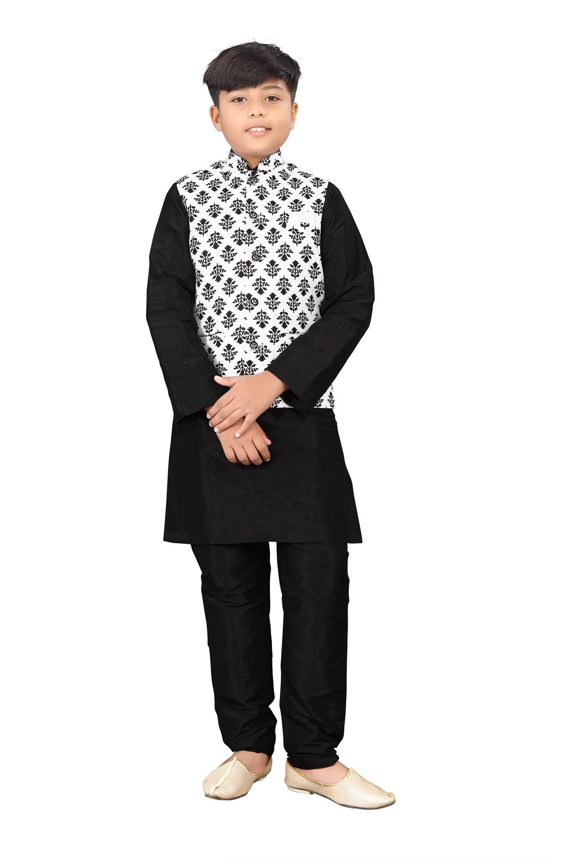 Boys Indian Traditional Silk Kurta With Jute Printed Koti and Pyjama ...