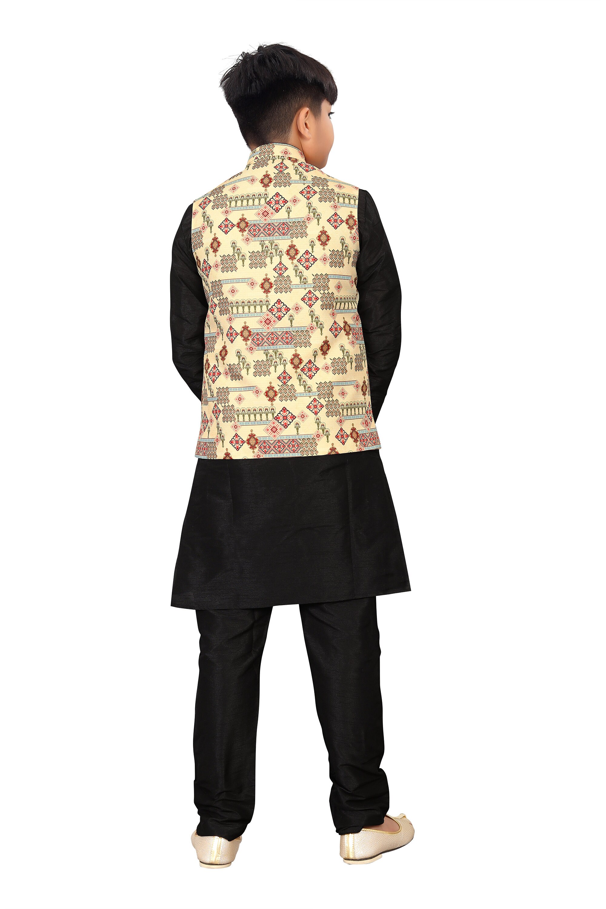 Boys Indian Traditional Silk Kurta With Jute Printed Koti and Pyjama ...
