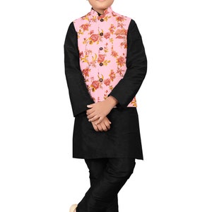 Boys Indian Traditional Silk Kurta With Jute Printed Koti and Pyjama ...