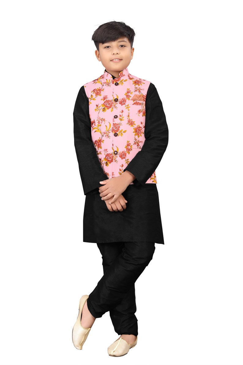 Boys Indian Traditional Silk Kurta With Jute Printed Koti and Pyjama ...