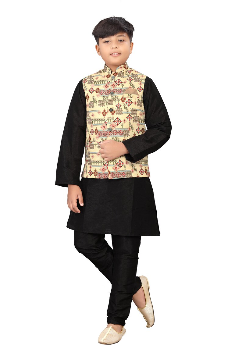 Boys Indian Traditional Silk Kurta With Jute Printed Koti and Pyjama ...