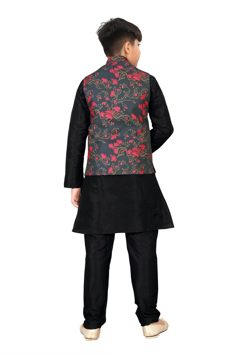 Boys Indian Traditional Silk Kurta With Jute Printed Koti and Pyjama ...