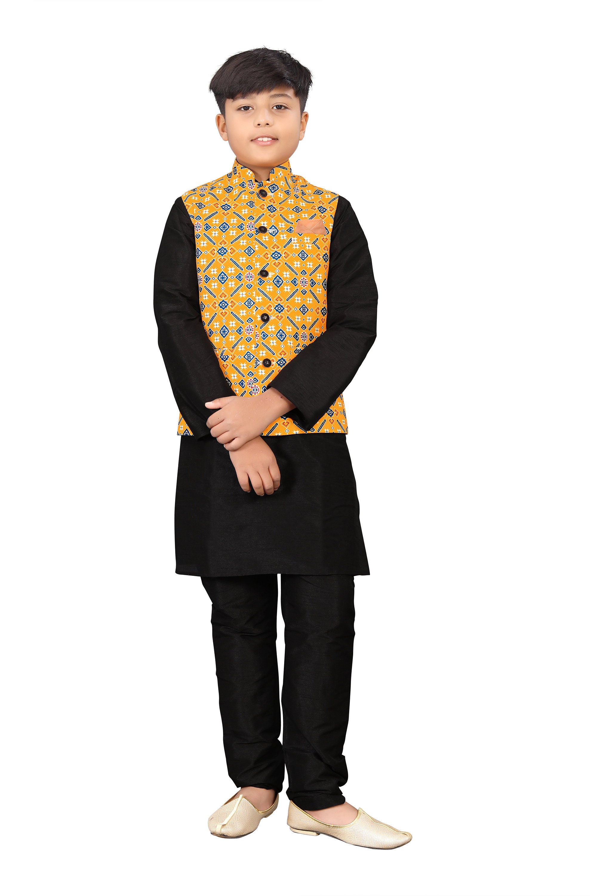 Boys Indian Traditional Silk Kurta With Jute Printed Koti and Pyjama ...