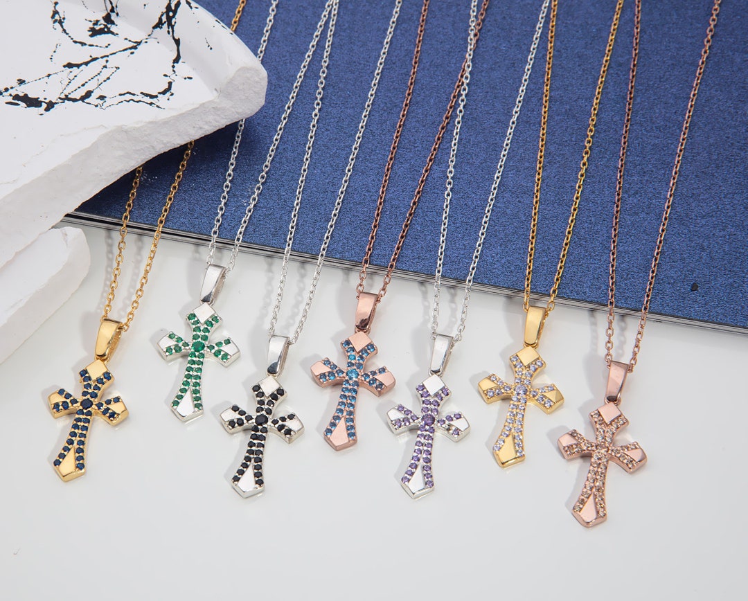 Cross Birthstone Necklace, Sterling Silver Crucifix Pendant ...