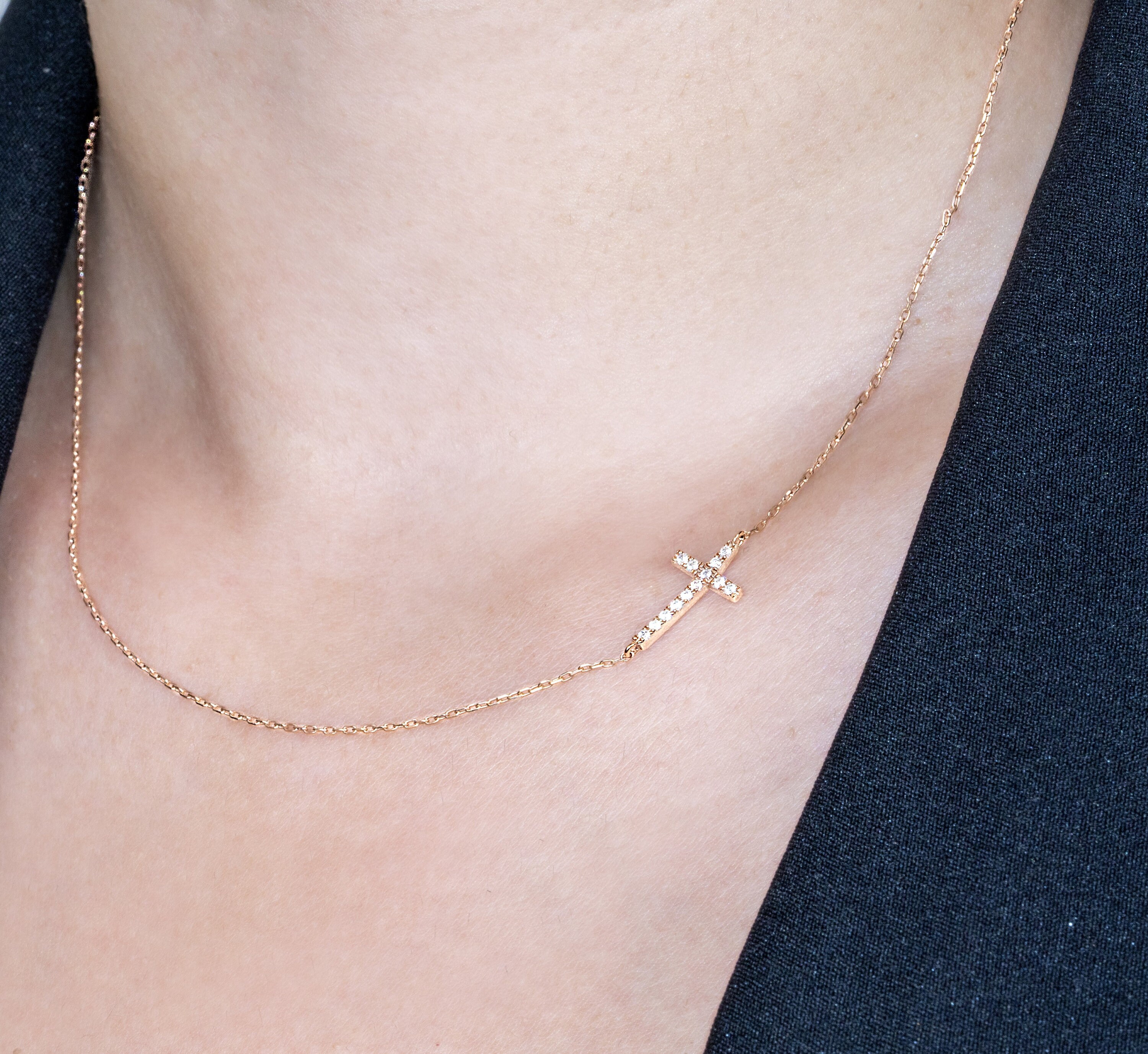Sideways Cross Diamond Necklace, Silver Crucifix Necklace, Religious ...