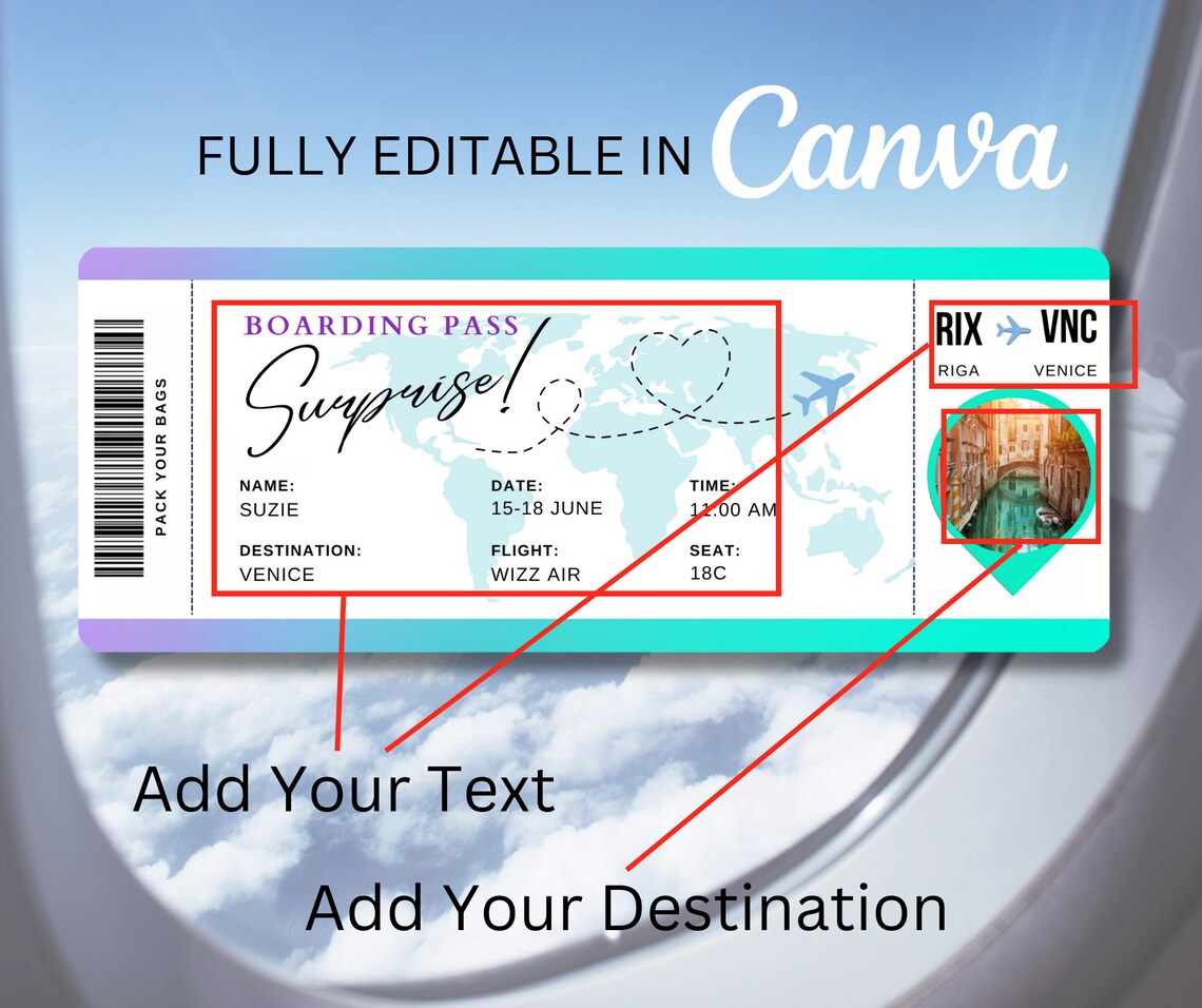 Editable Boarding Pass Template, Printable Personalized Airline Ticket ...