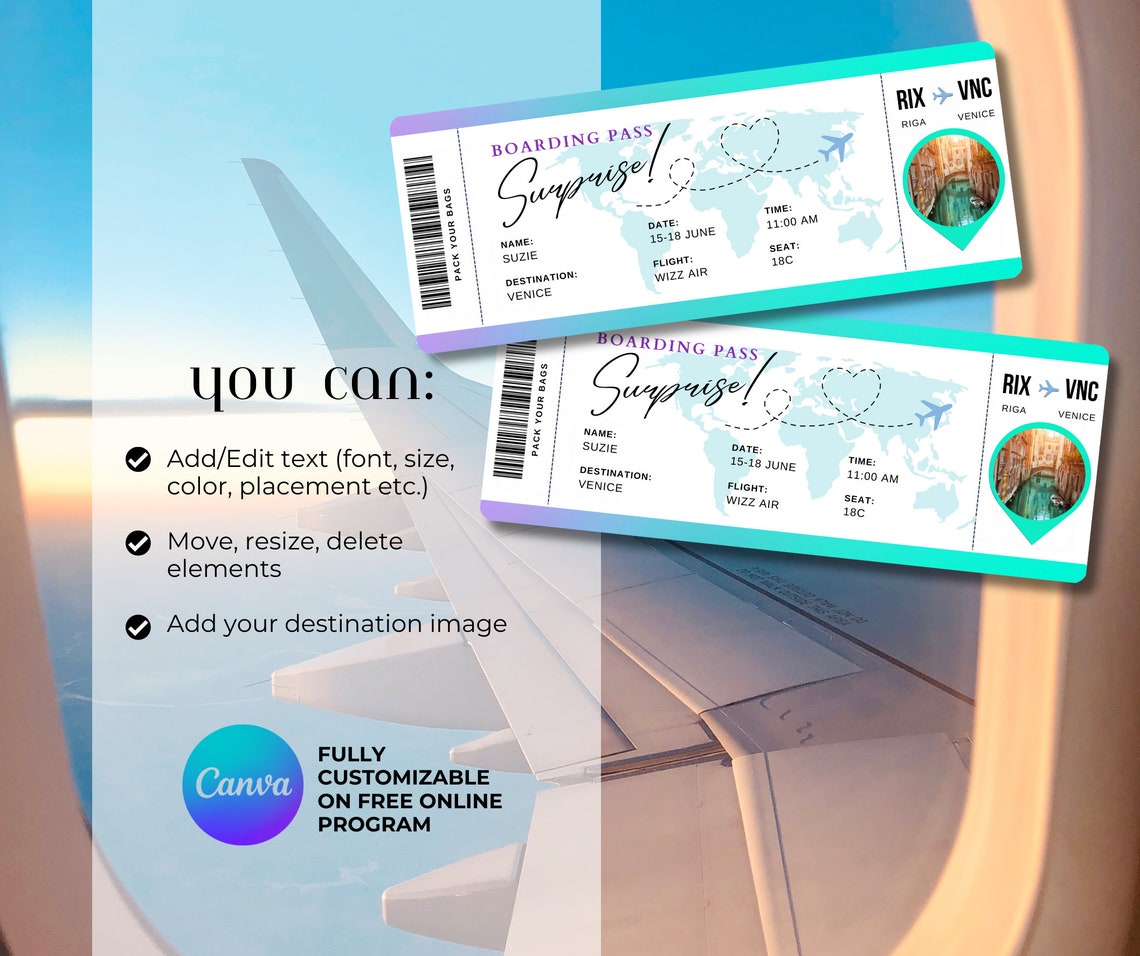 Editable Boarding Pass Template, Printable Personalized Airline Ticket ...