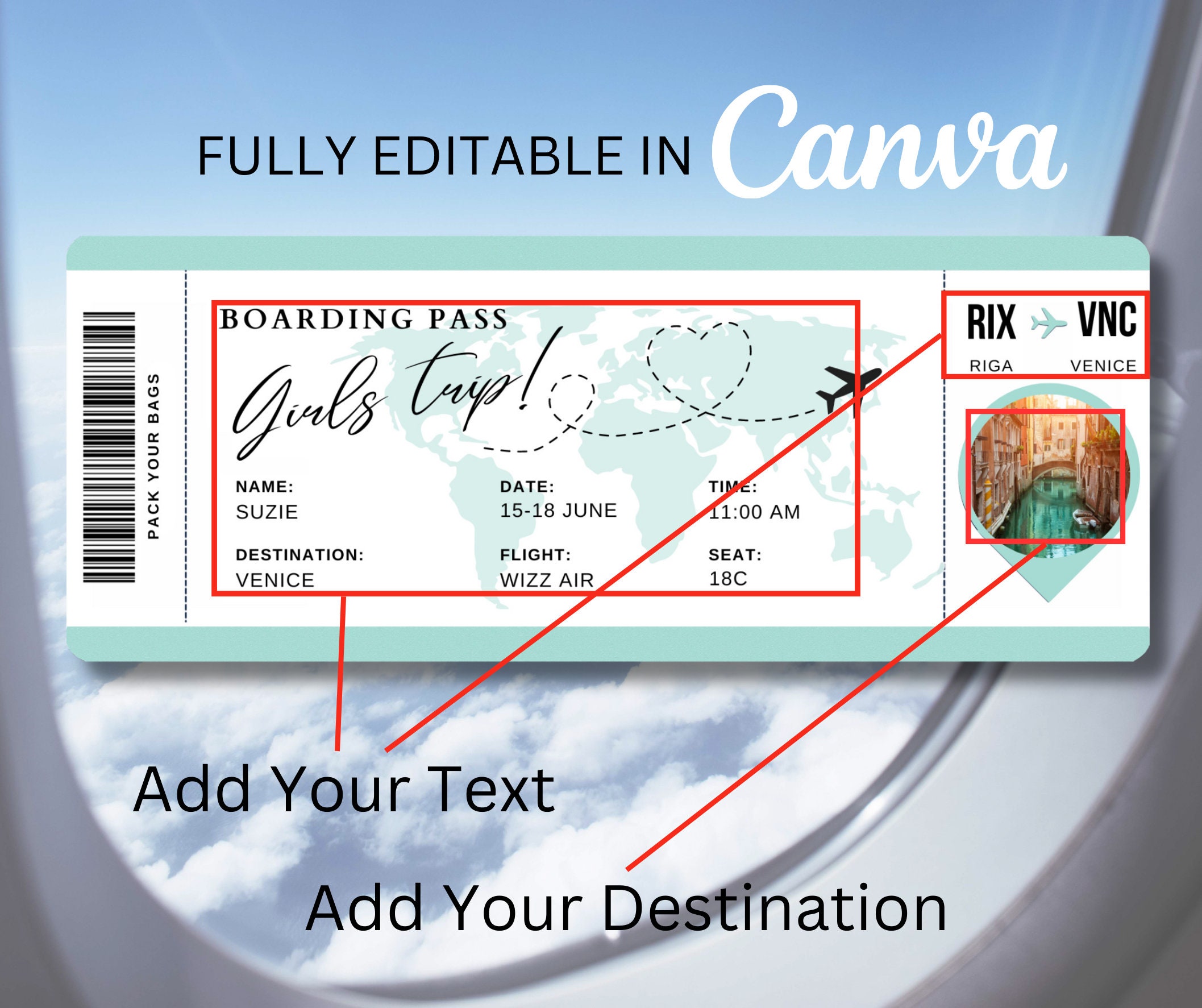 Editable Boarding Pass Template, Printable Personalized Airline Ticket ...