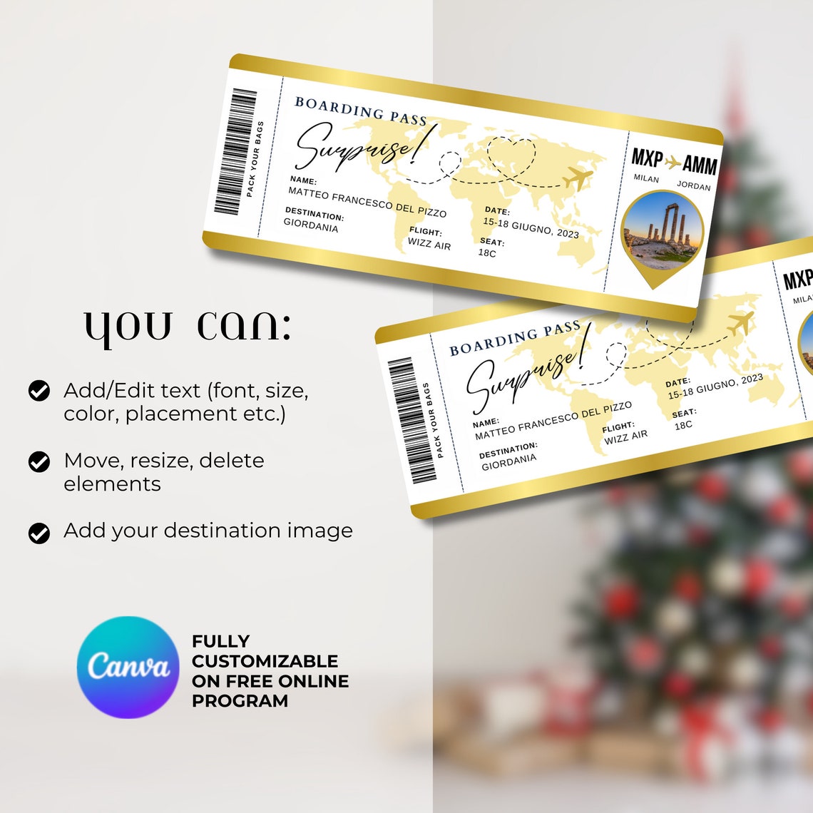 Bearbeitbare Bordkartenvorlage, druckbares personalisiertes Flugticket ...