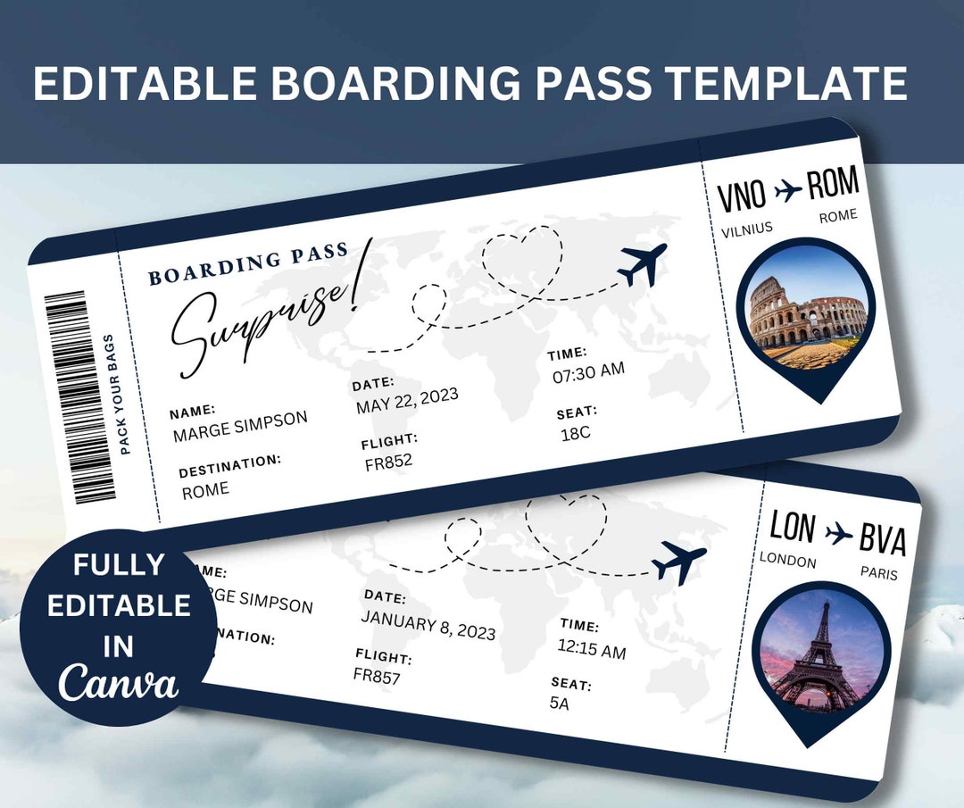 Editable Boarding Pass Template, Printable Personalized Airline Ticket ...