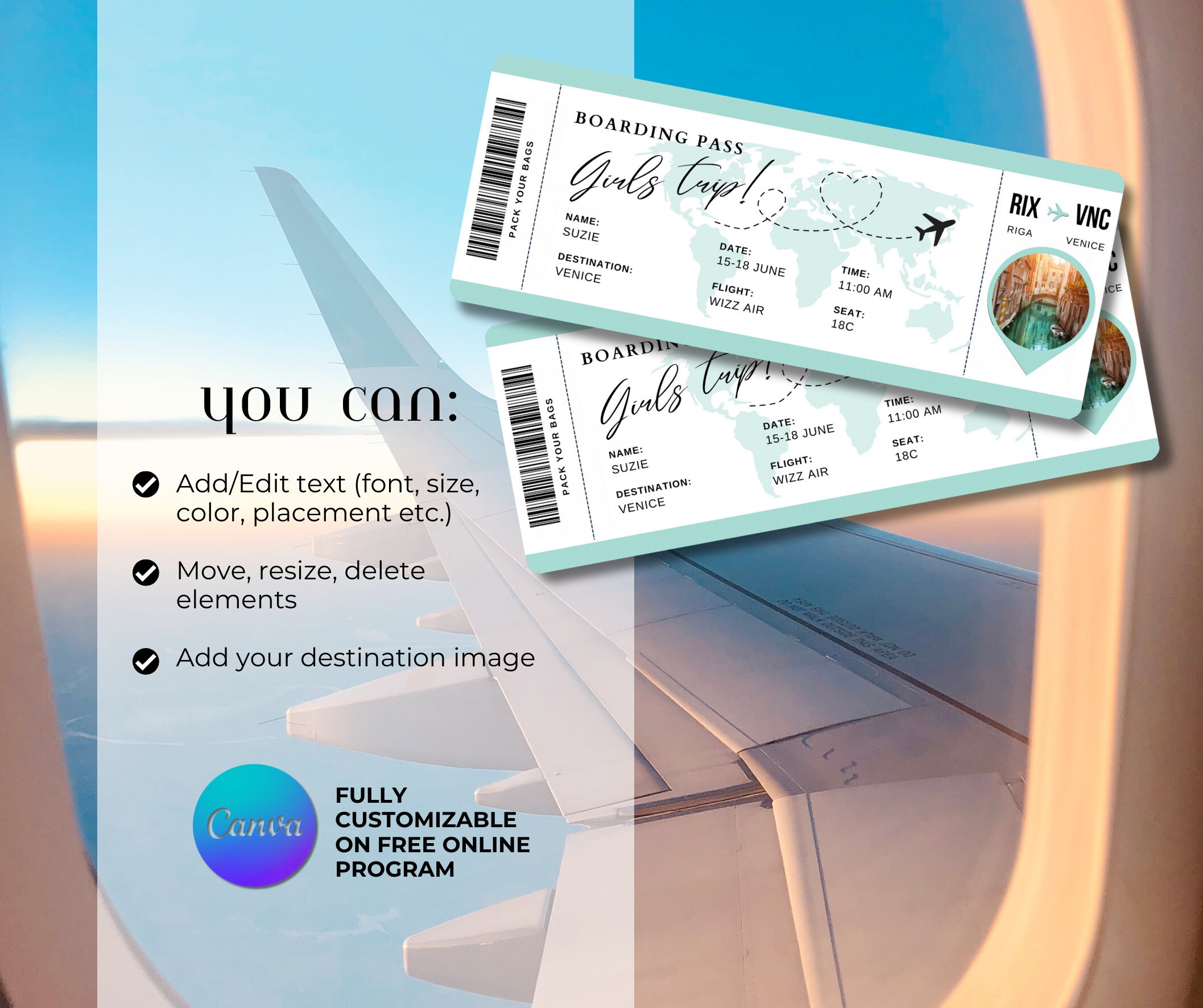 Editable Boarding Pass Template, Printable Personalized Airline Ticket ...