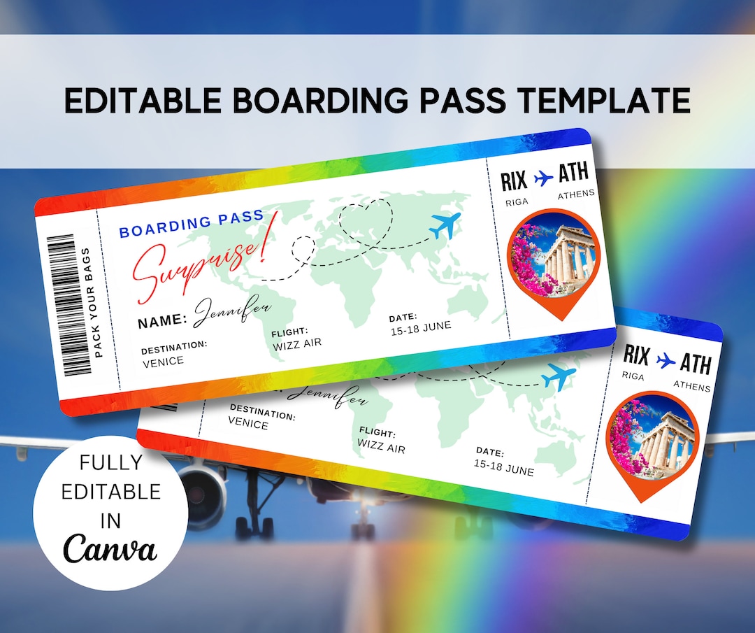 Rainbow Editable Boarding Pass Template, Printable Personalized Airline ...