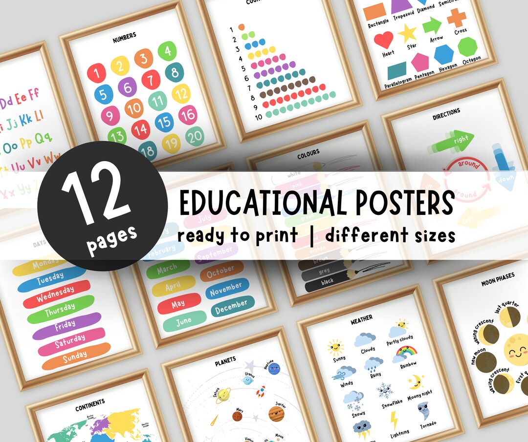 Set of 12 Educational Posters, Homeschool Learning, Preschool Decor ...