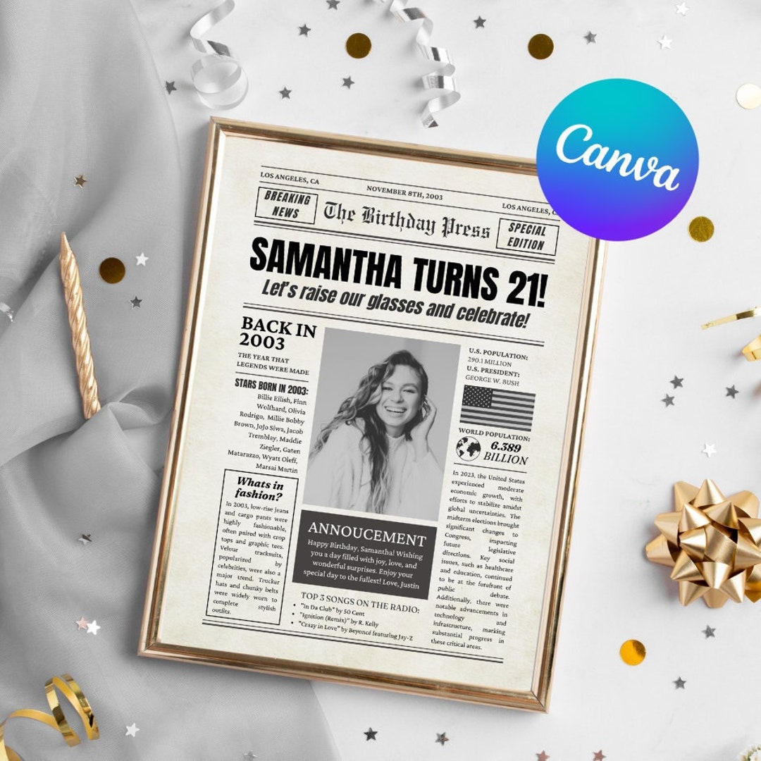 21st Birthday Newspaper, Personalized Poster Editable on Canva ...