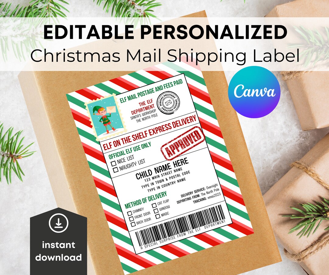 Elf Mail Shipping Label Editable, Gift Tag Template Canva, Christmas ...