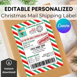 Elf Mail Shipping Label Editable, Gift Tag Template Canva, Christmas ...