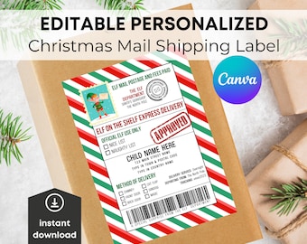 Elf Mail Shipping Label Editable, Gift Tag Template Canva, Christmas ...