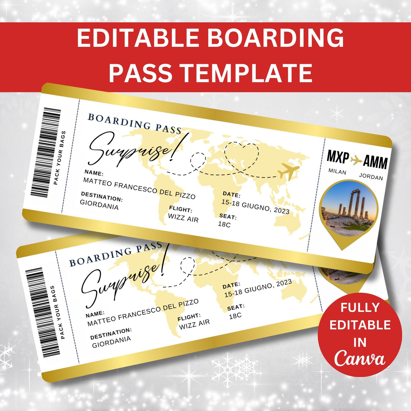 Bearbeitbare Bordkartenvorlage, druckbares personalisiertes Flugticket ...