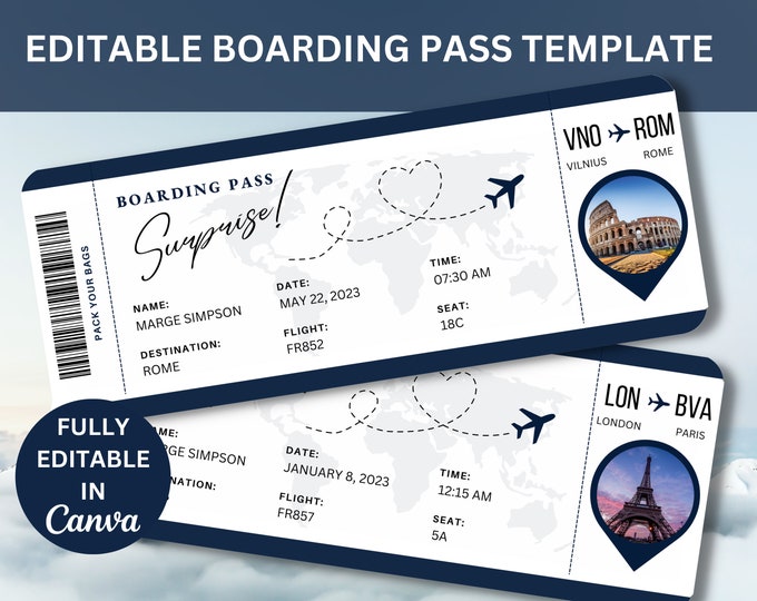 Editable Boarding Pass Template, Printable Personalized Airline Ticket ...