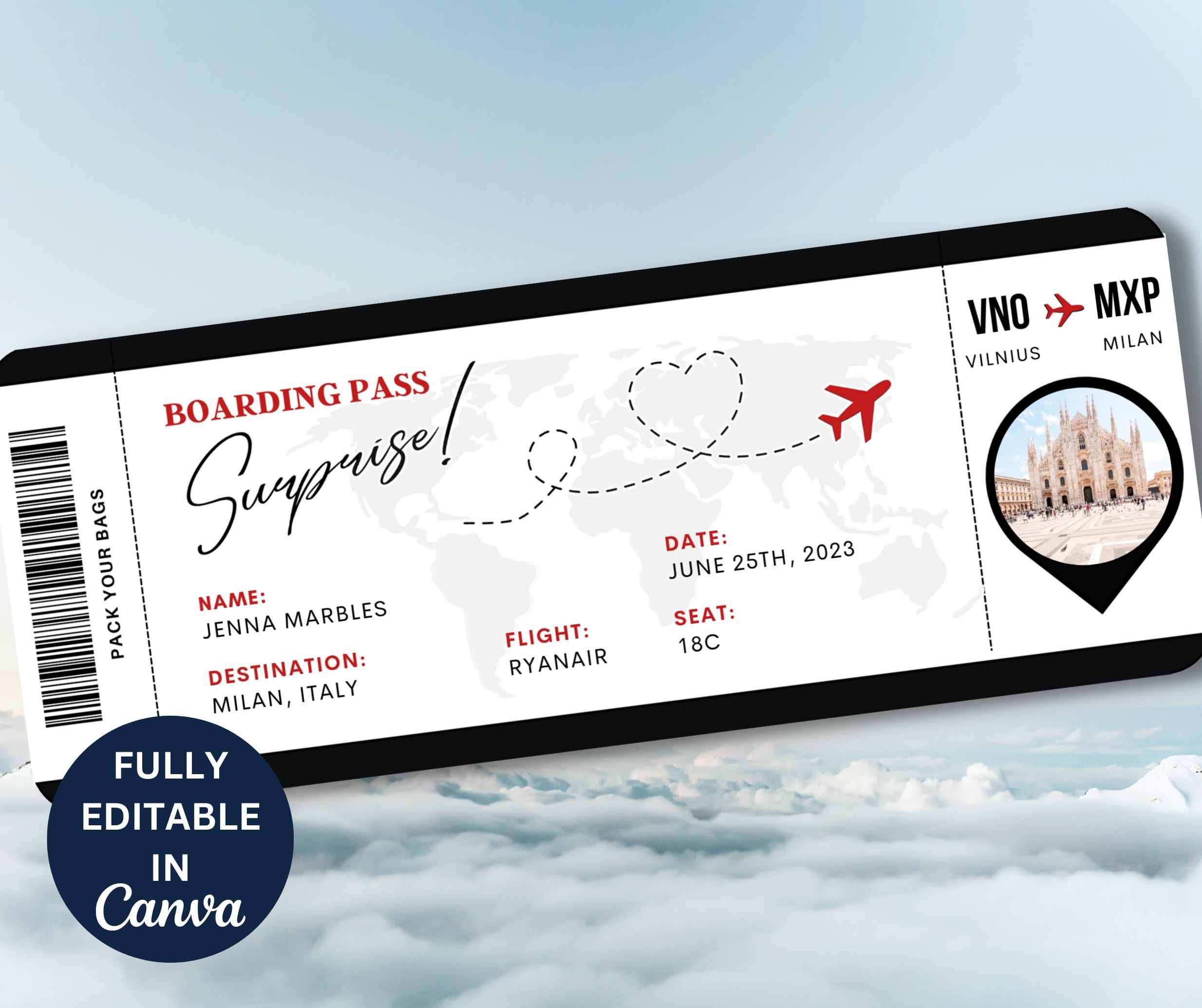 Editable Boarding Pass Template, Printable Personalized Airline Ticket ...