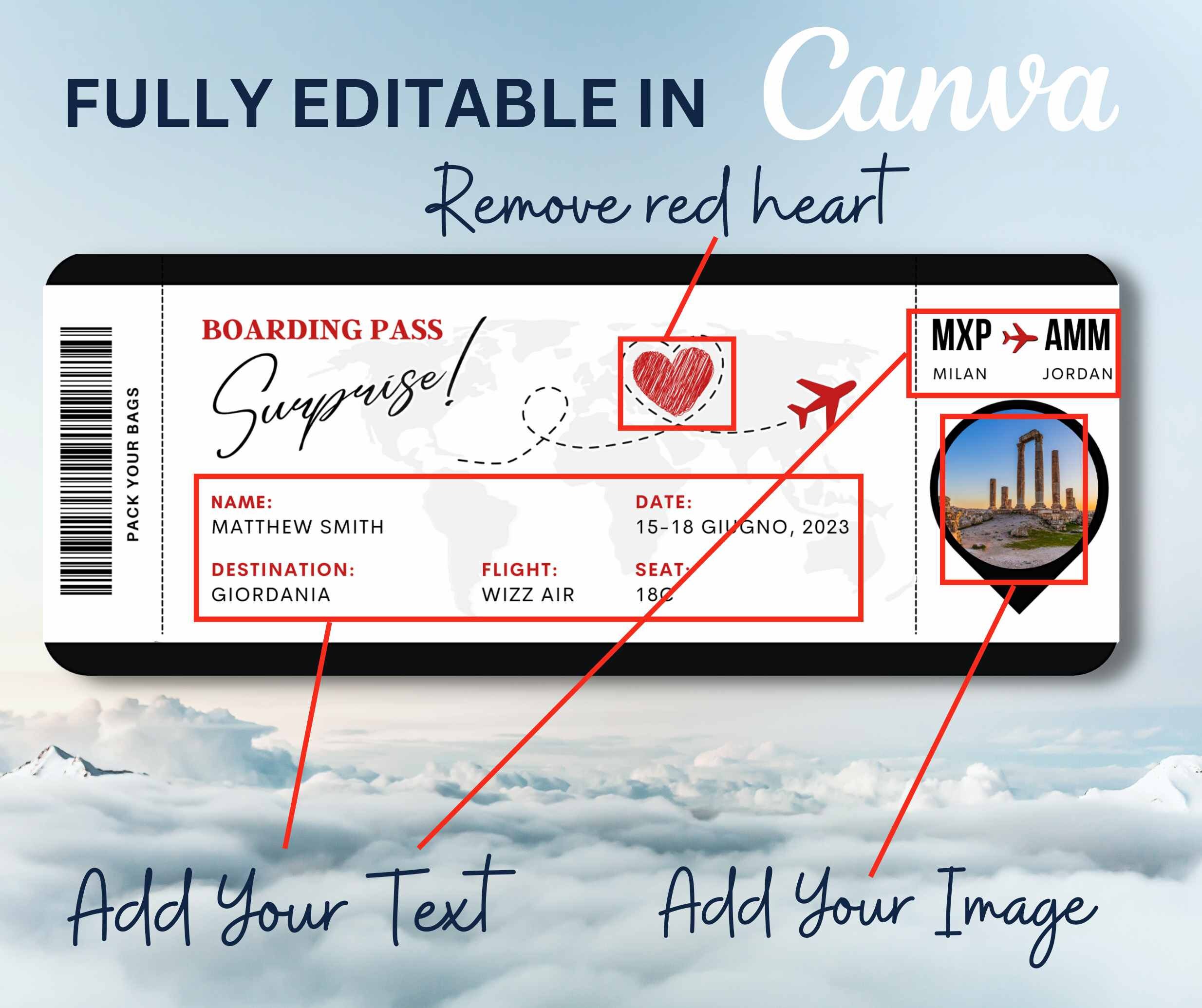 Editable Boarding Pass Template, Printable Personalized Airline Ticket ...