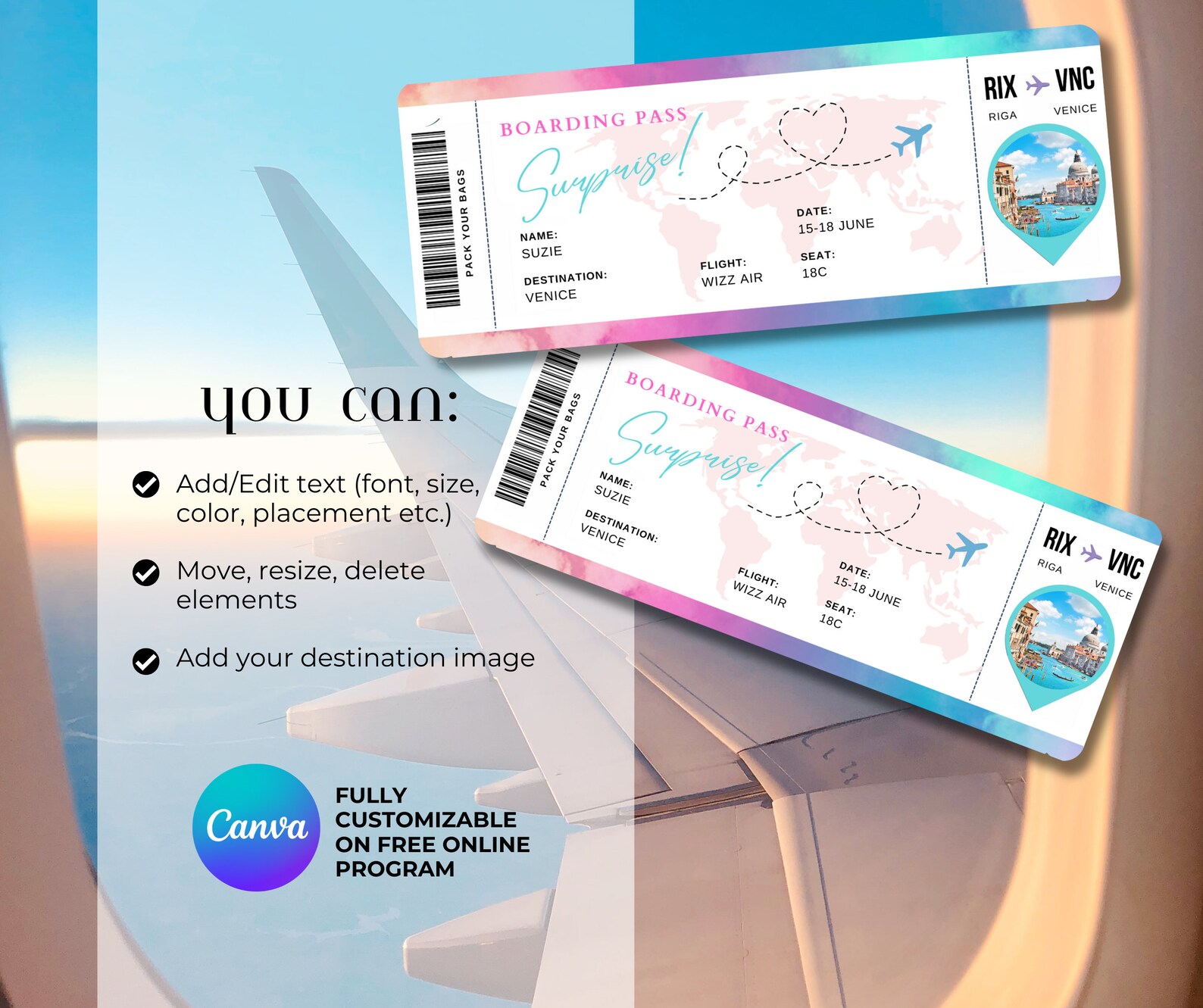Editable Boarding Pass Template, Printable Personalized Airline Ticket ...