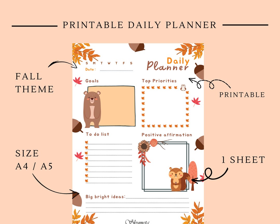 Printable Daily Planner, Daily to Do List, Autumn Theme With Drawings ...