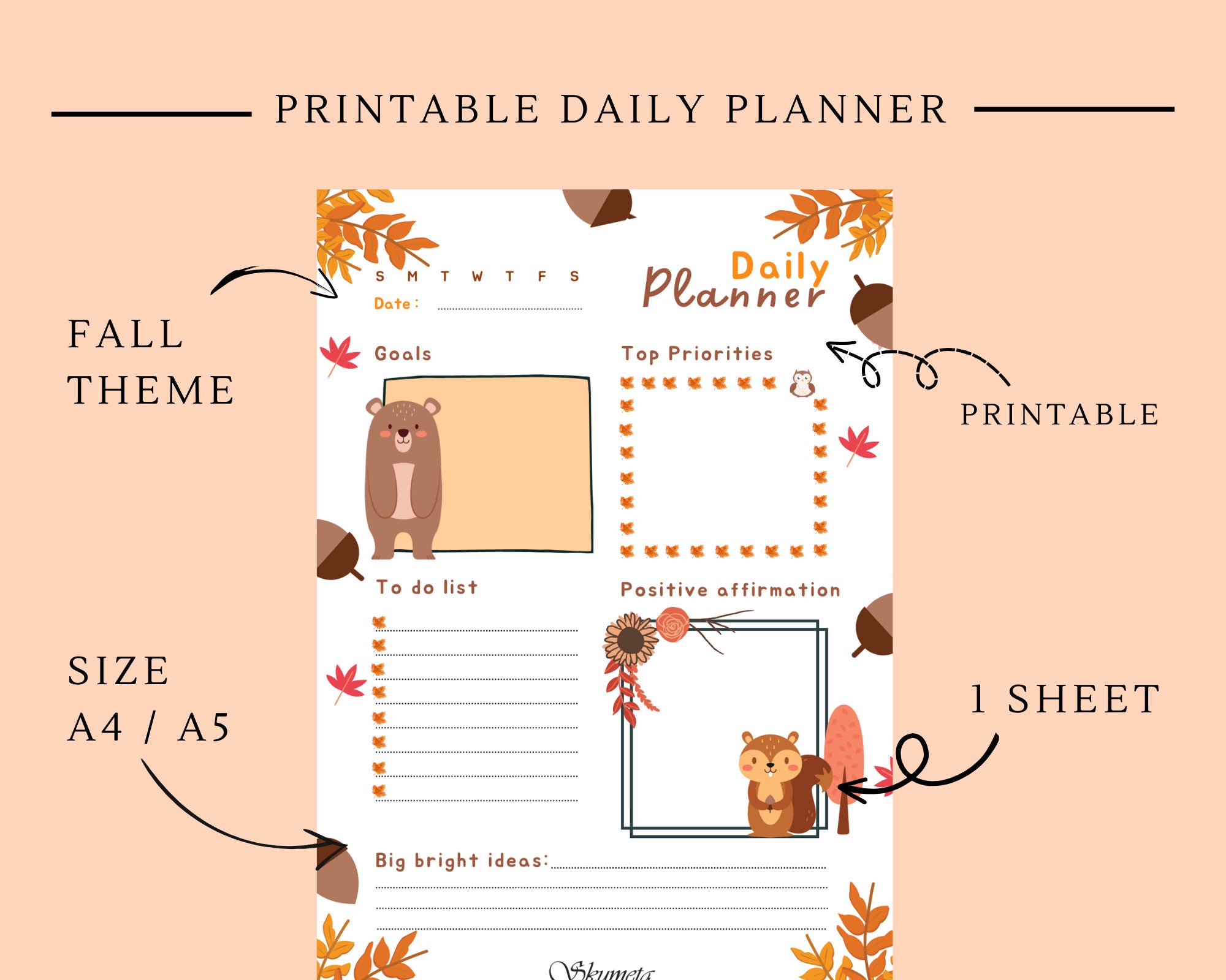 Printable Daily Planner, Daily to Do List, Autumn Theme With Drawings ...