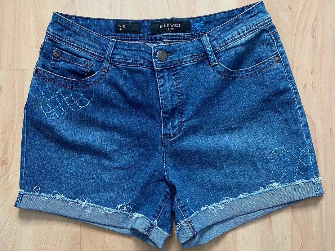 Hand Embroidered Denim Shorts, Womens Size 10 Mermaid Scales ...