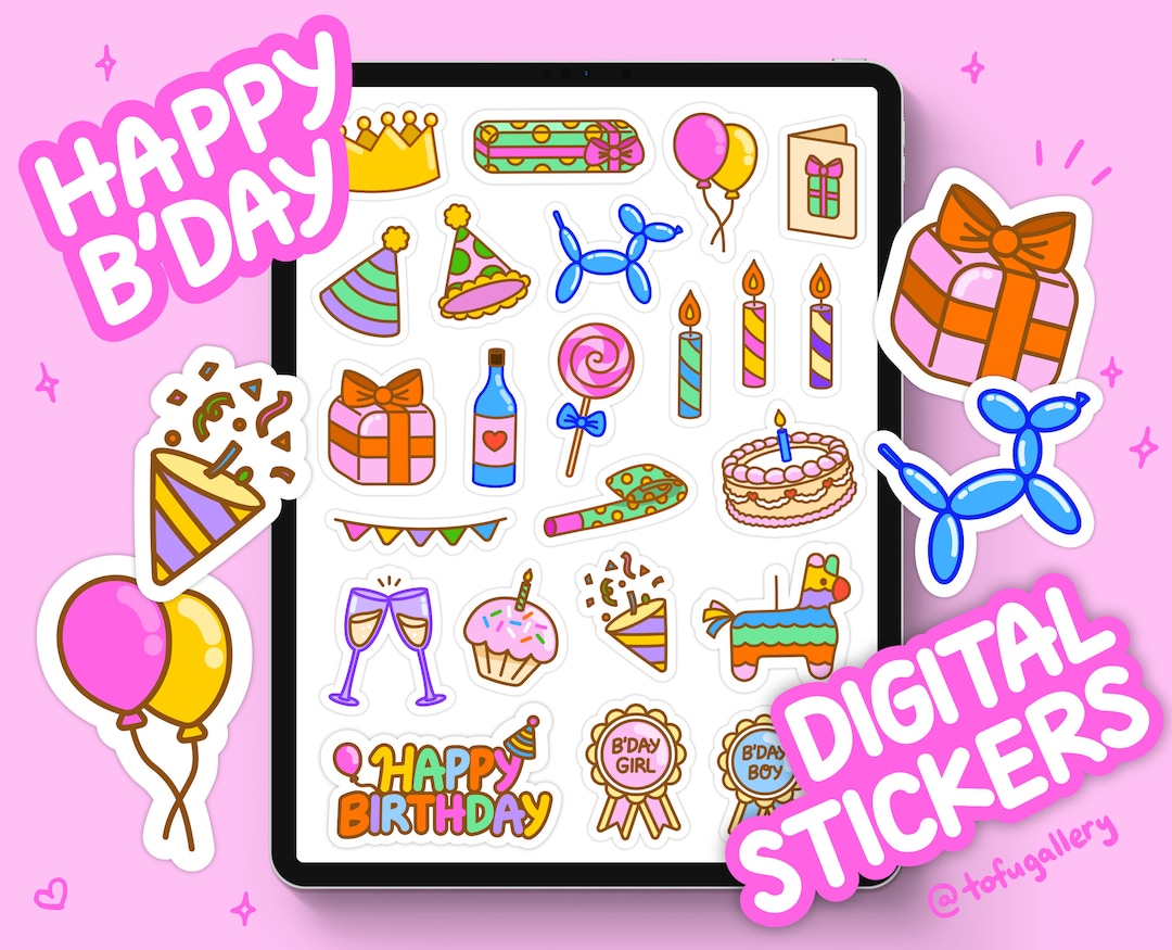 Cute Happy Birthday Digital Stickers, Pre-cropped, Goodnotes Stickers ...