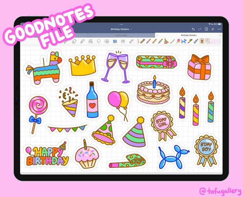 Cute Happy Birthday Digital Stickers, Pre-cropped, Goodnotes Stickers ...