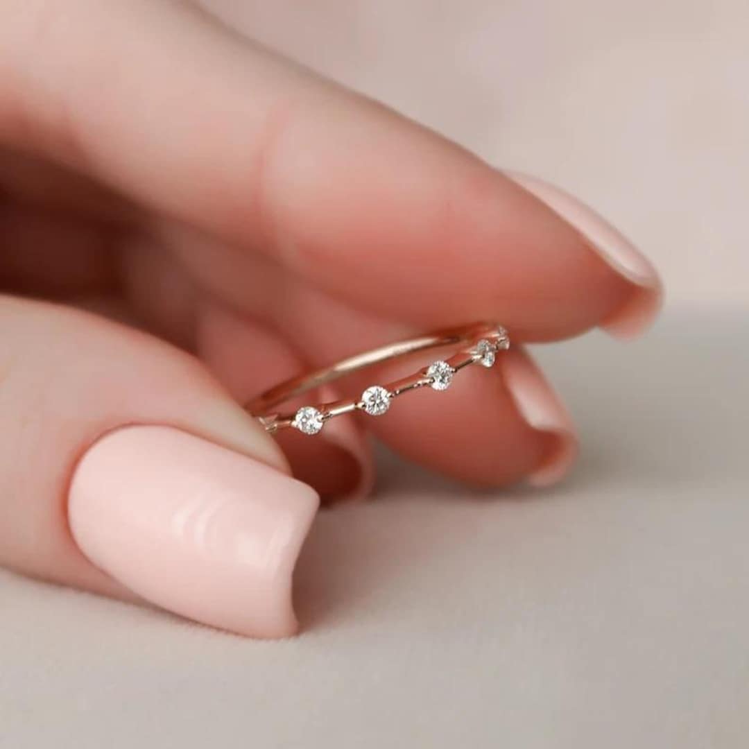 14K Solid Gold Petite Diamond Distance Band Round Moissanite Wedding ...