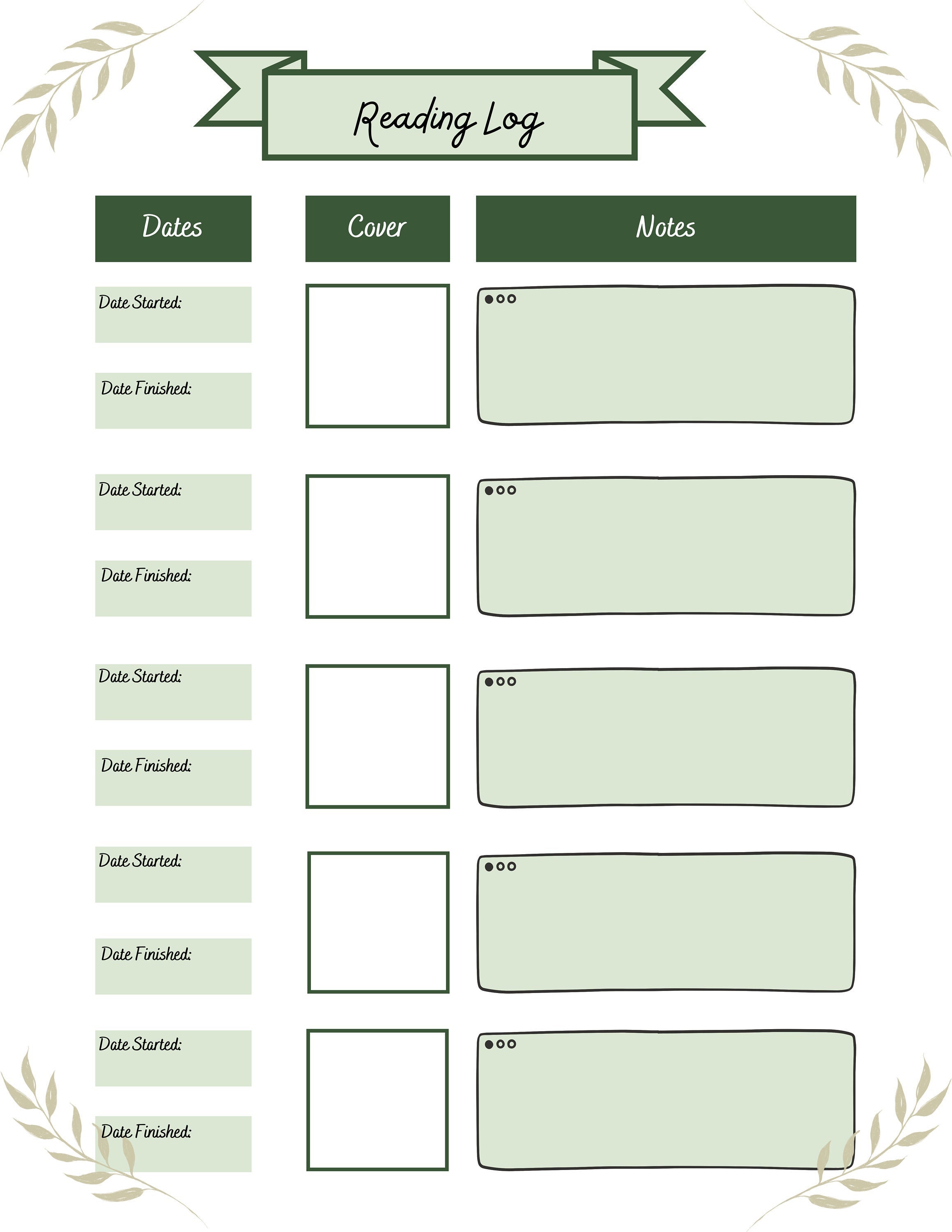 Pdf/printable Reading Log - Etsy