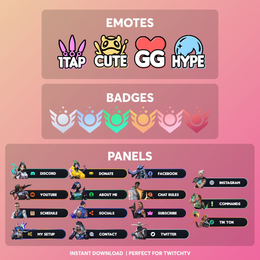 Complete Valorant Stream Graphic Package 5 Emotes 6 Badges 15 Panels 5 ...