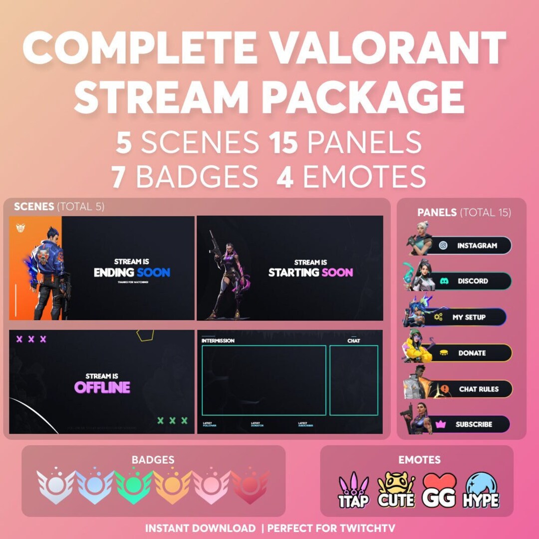 Complete Valorant Stream Graphic Package | 5 Emotes | 6 Badges | 15 ...