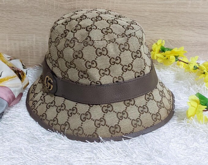 Authentic Gucci Fedora Monogram Leather Trim Canvas Bucket Size: 57 Cm ...