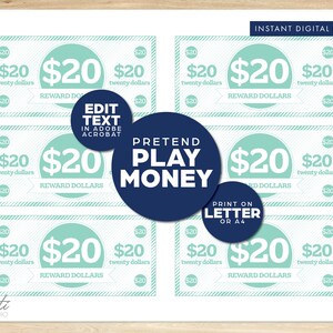 Editable Printable Reward Dollars, Pretend Play Money, Good Behavior ...
