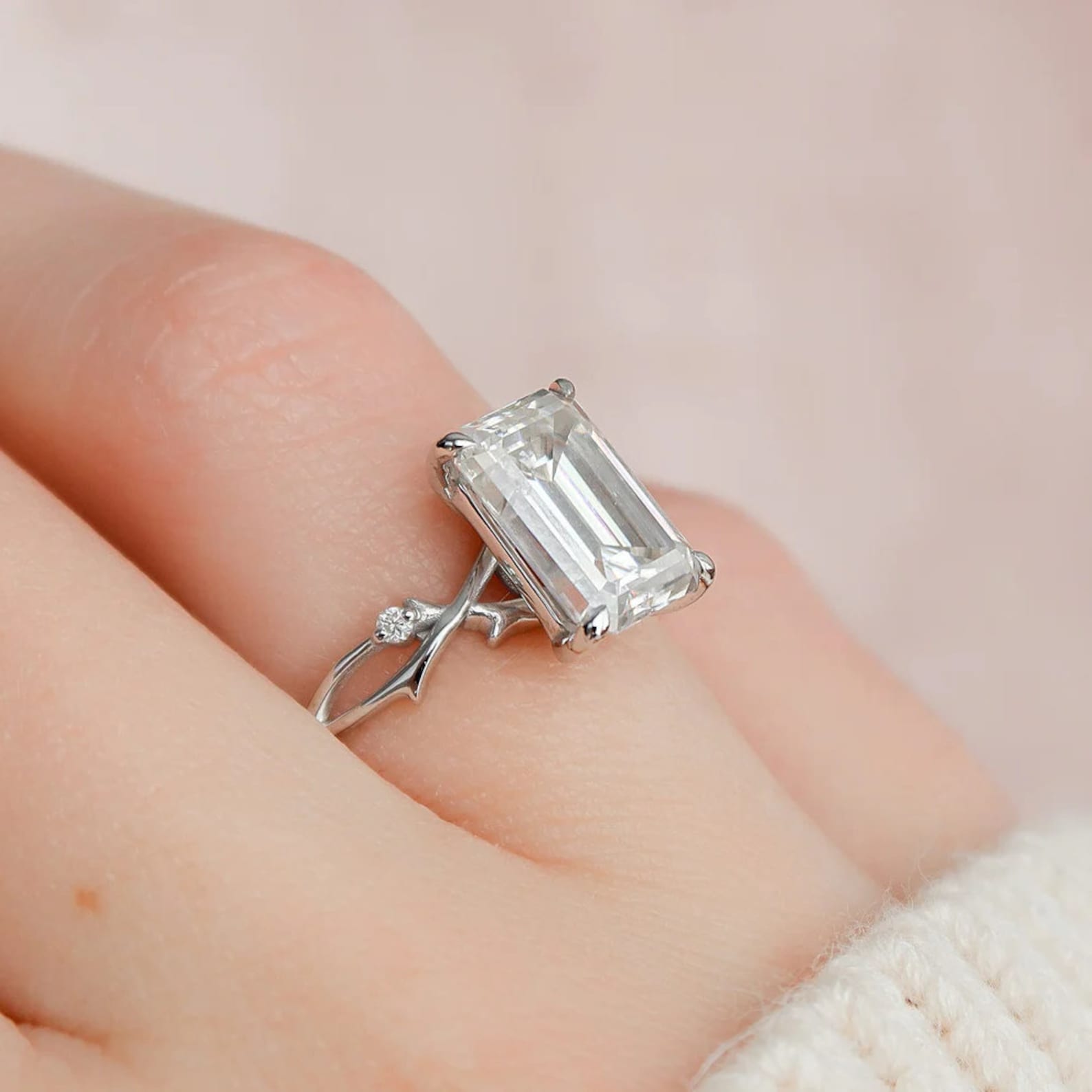 Emerald Cut Moissanite Diamond Engagement Ring 14K White Gold Branch ...