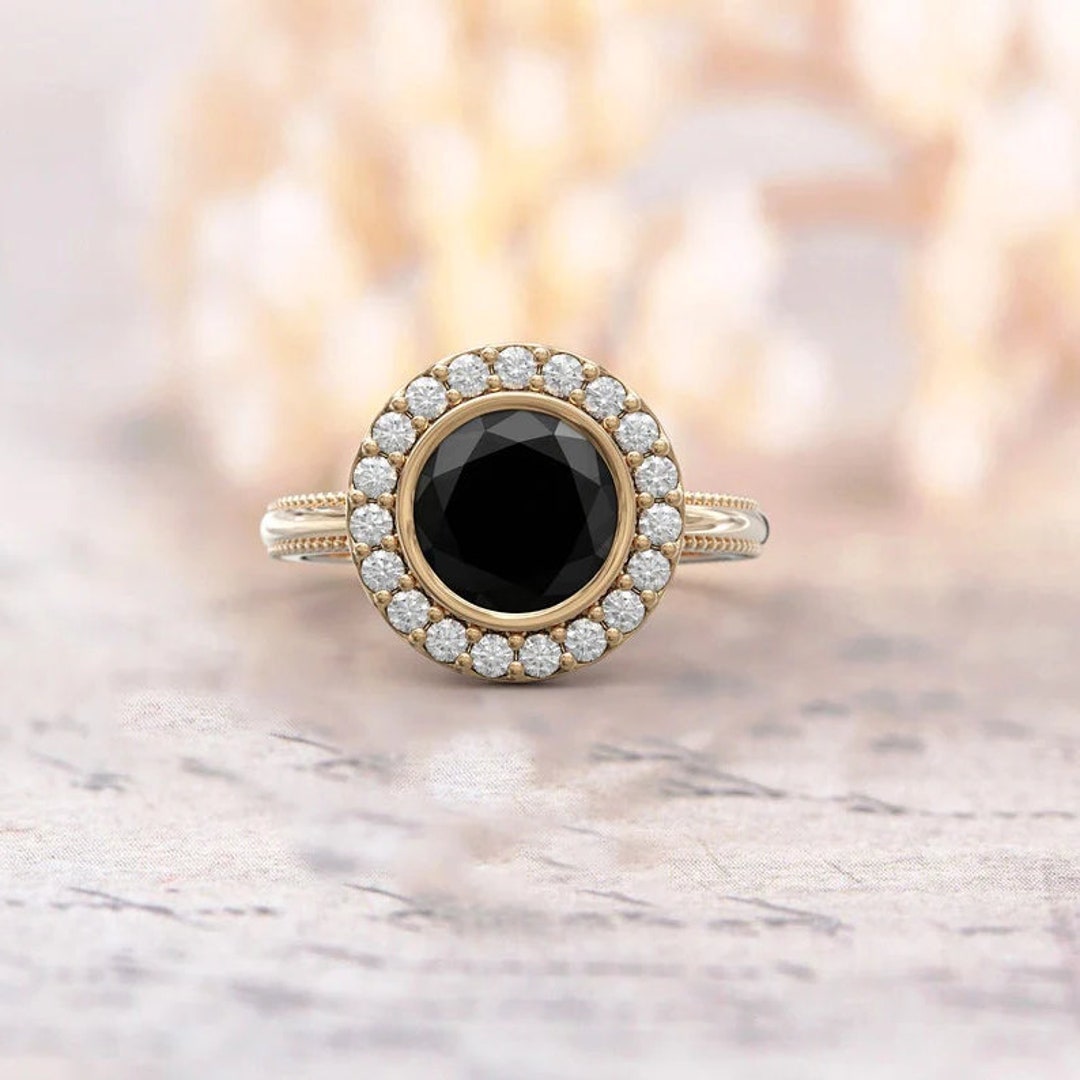 Round Cut Black Diamond Engagement Ring 14K Rose Gold With Round Halo ...